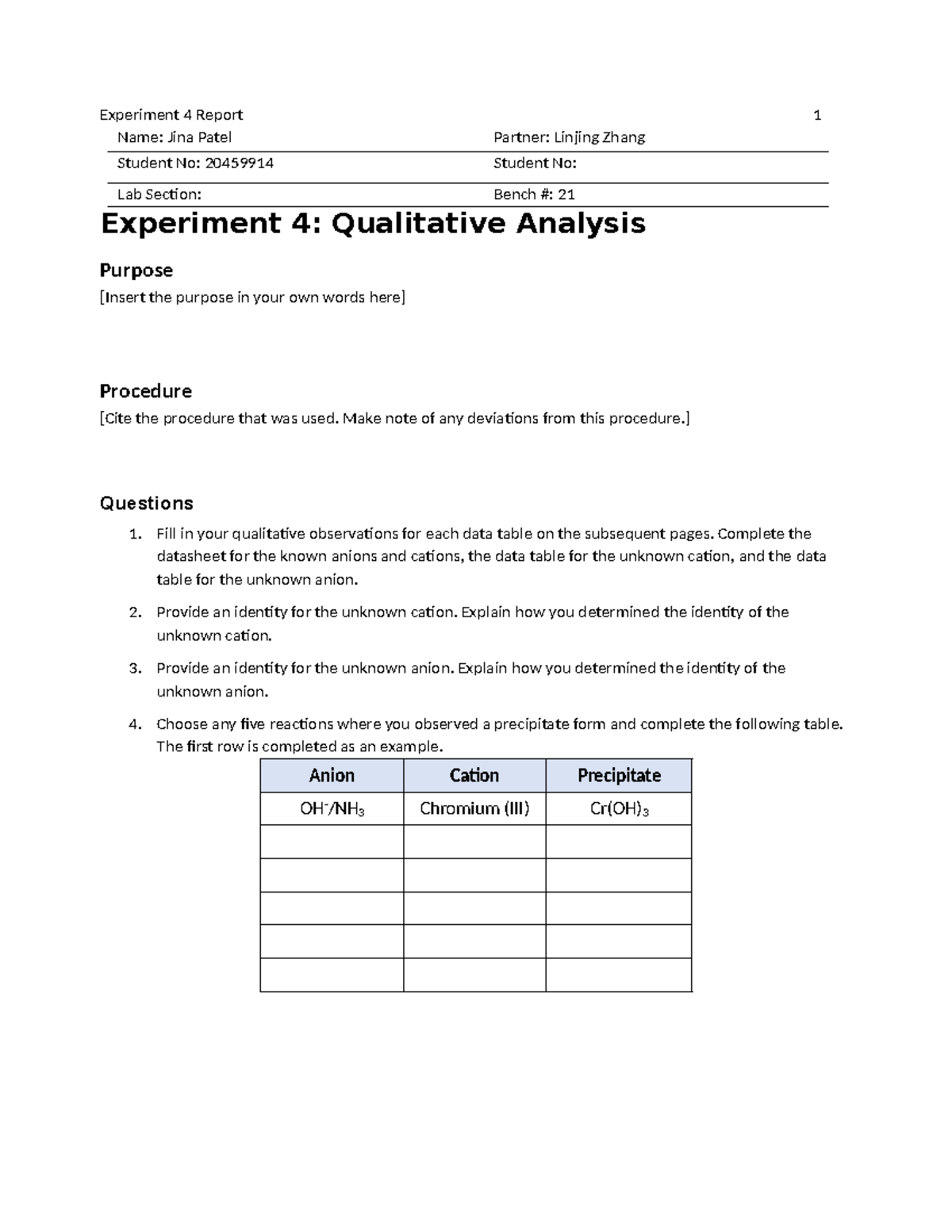 Report Qualitative Analysis - Experiment 4 Report 1 Name: Jina Patel ...