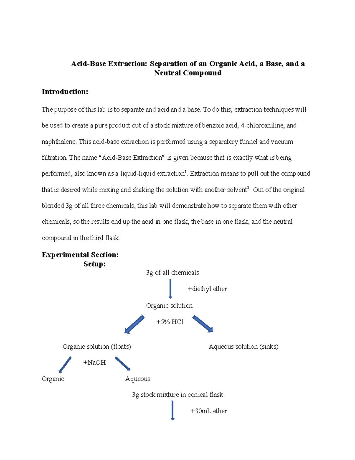 Orgo 1 lab report 2 - Acid-Base Extraction: Separation of an Organic ...
