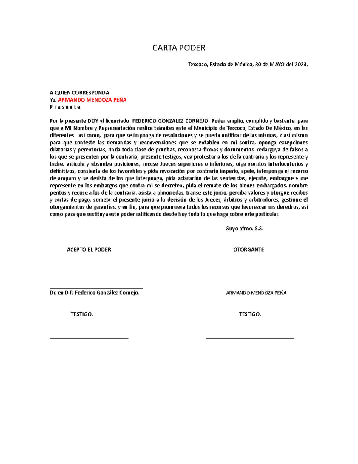 1 Carta Poder Armando TIO DE Andrea - CARTA PODER Texcoco, Estado de ...