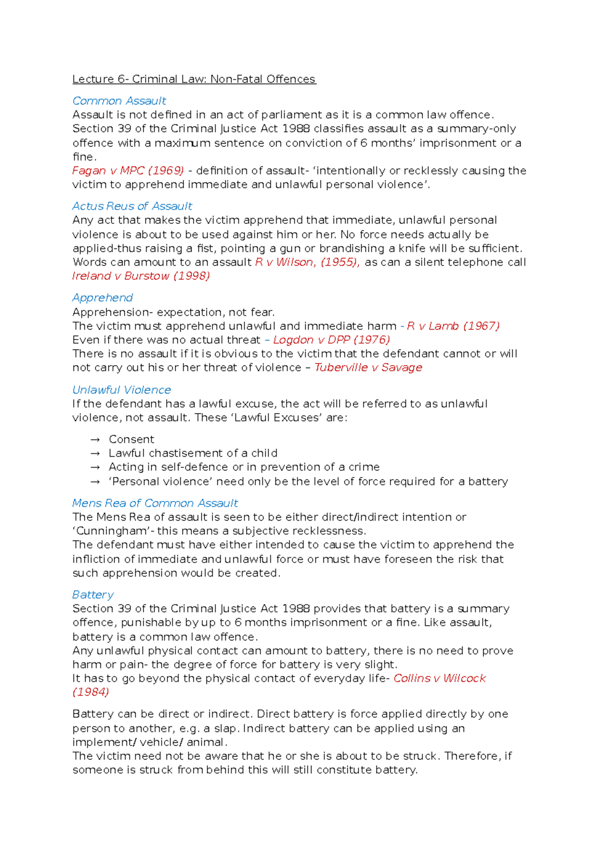 Lecture 6- Non Fatal Offences 4 - Lecture 6- Criminal Law: Non-Fatal ...
