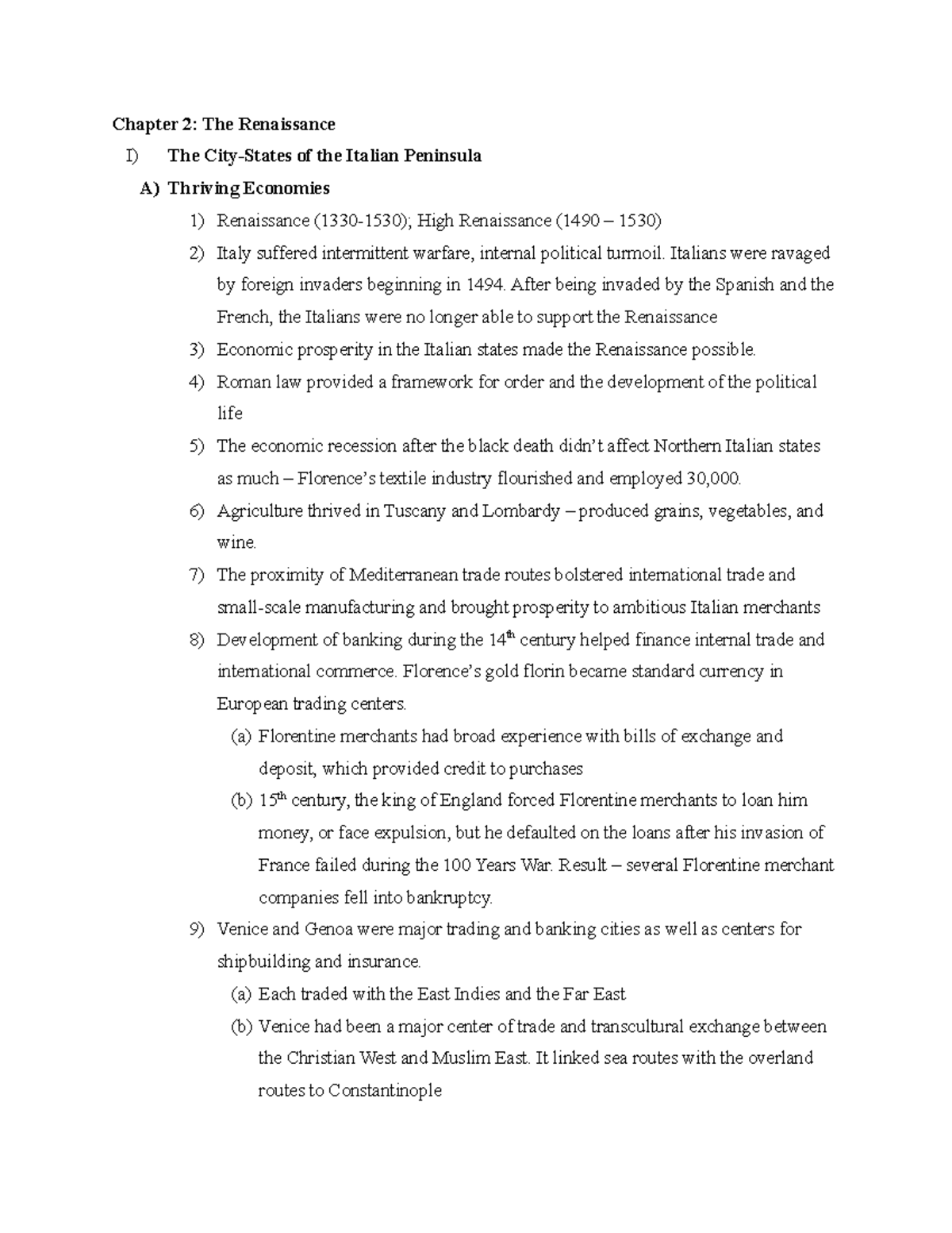 European History 120 Rennaissance - Chapter 2: The Renaissance I) The ...