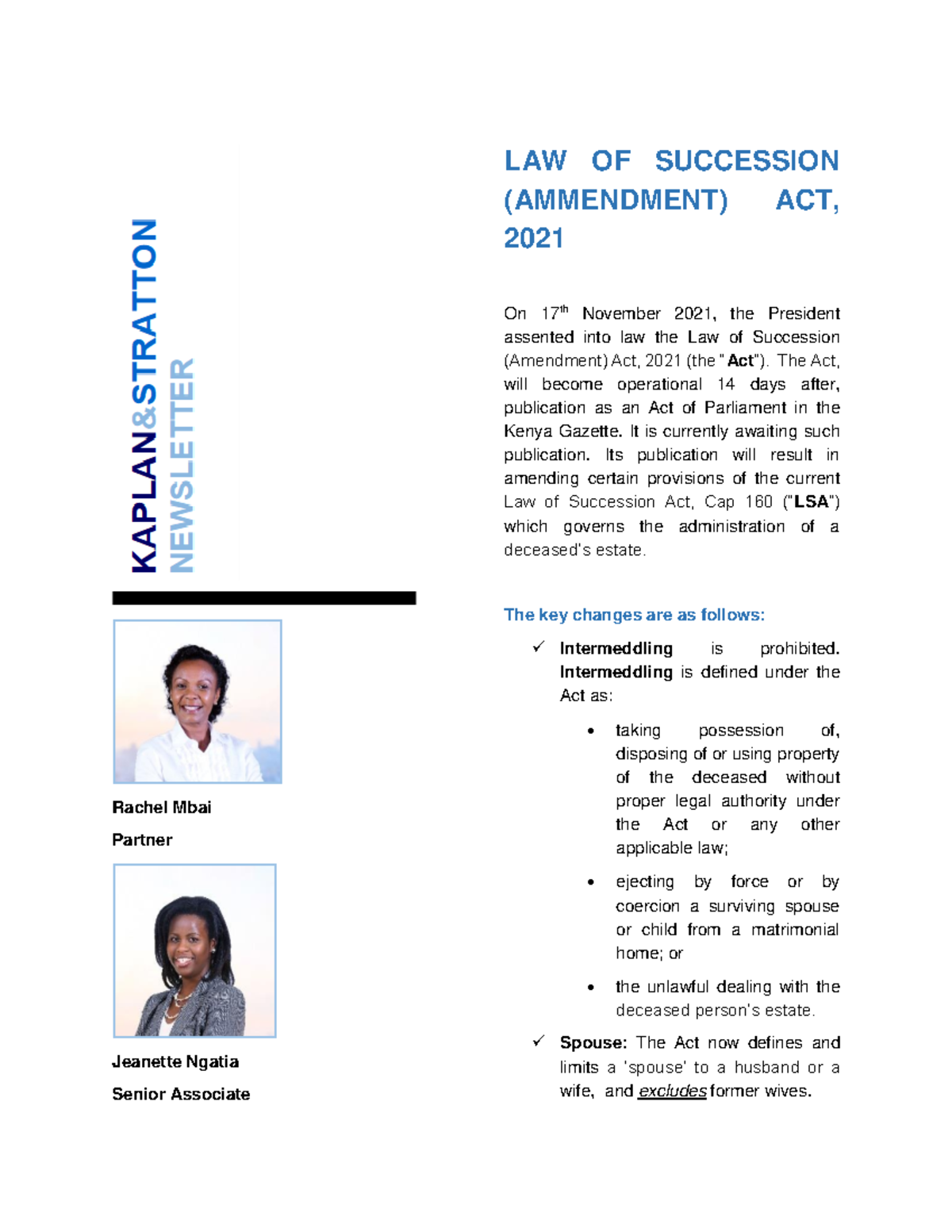 Law of Succession Amendment Act - Rachel Mbai Partner Jeanette Ngatia ...