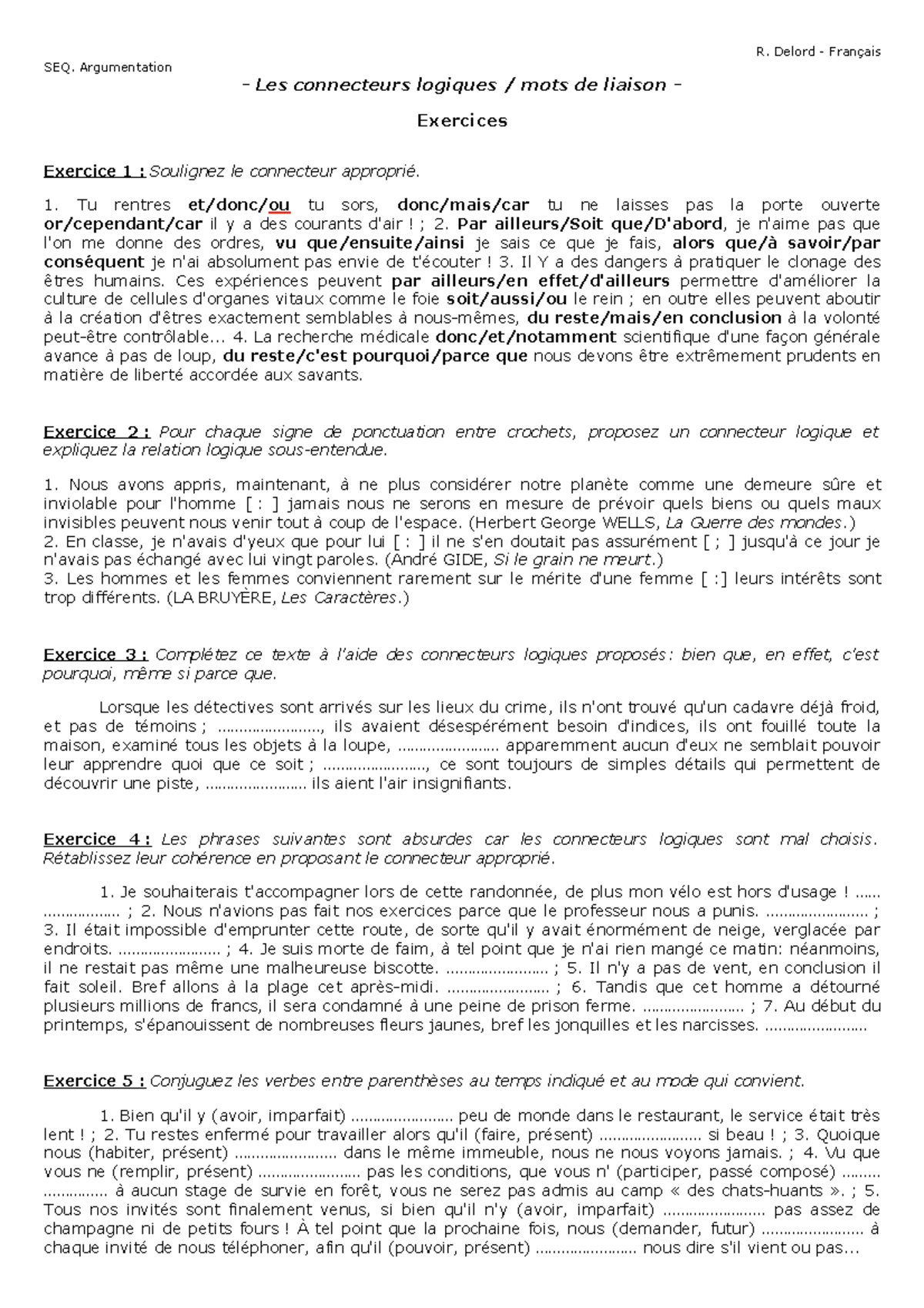 Exercices - connecteurs logiques - R. Delord - Français SEQ ...