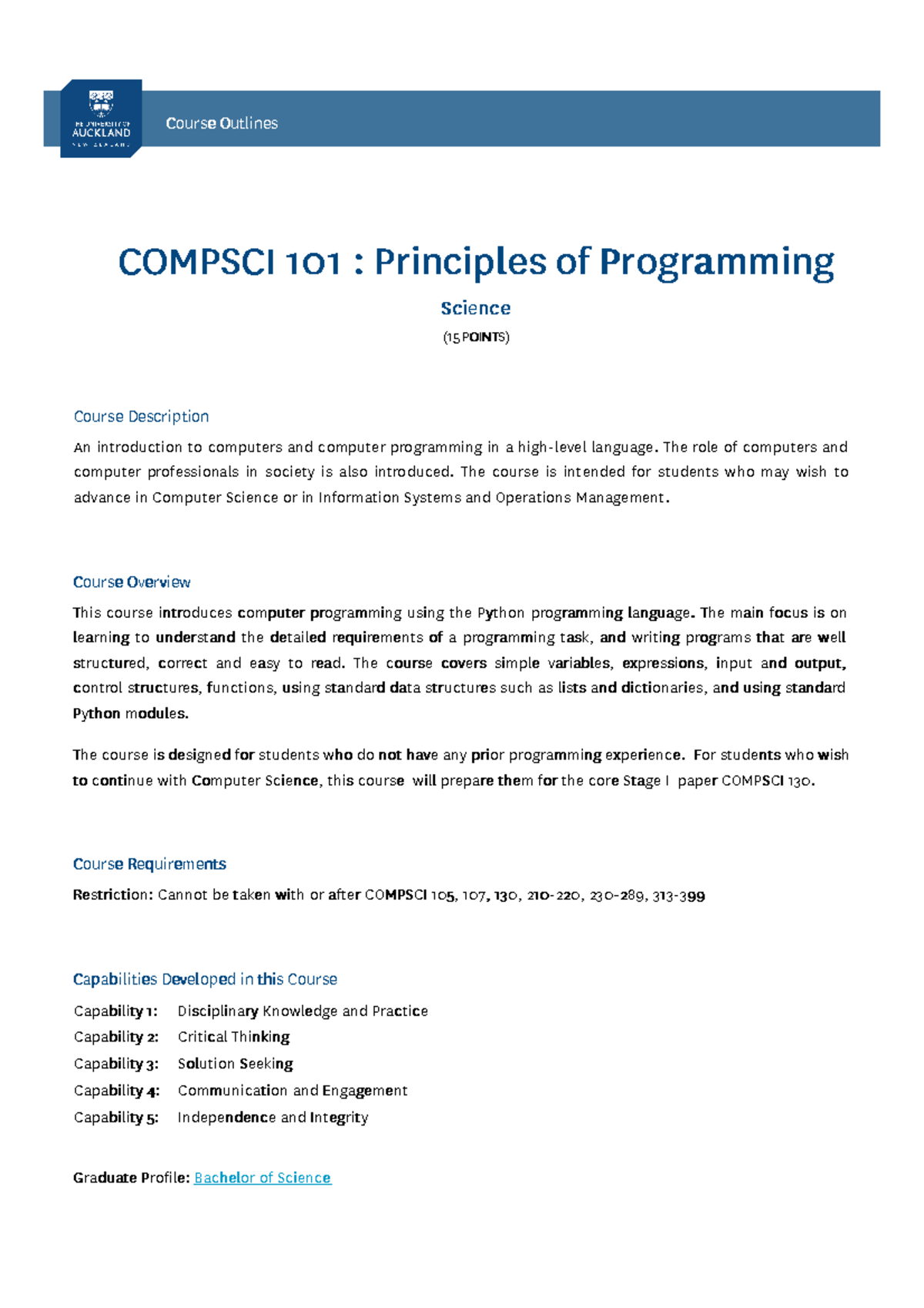 Compsci 101 outline - CourseCourse Outlines Outlines Graduate Profile ...