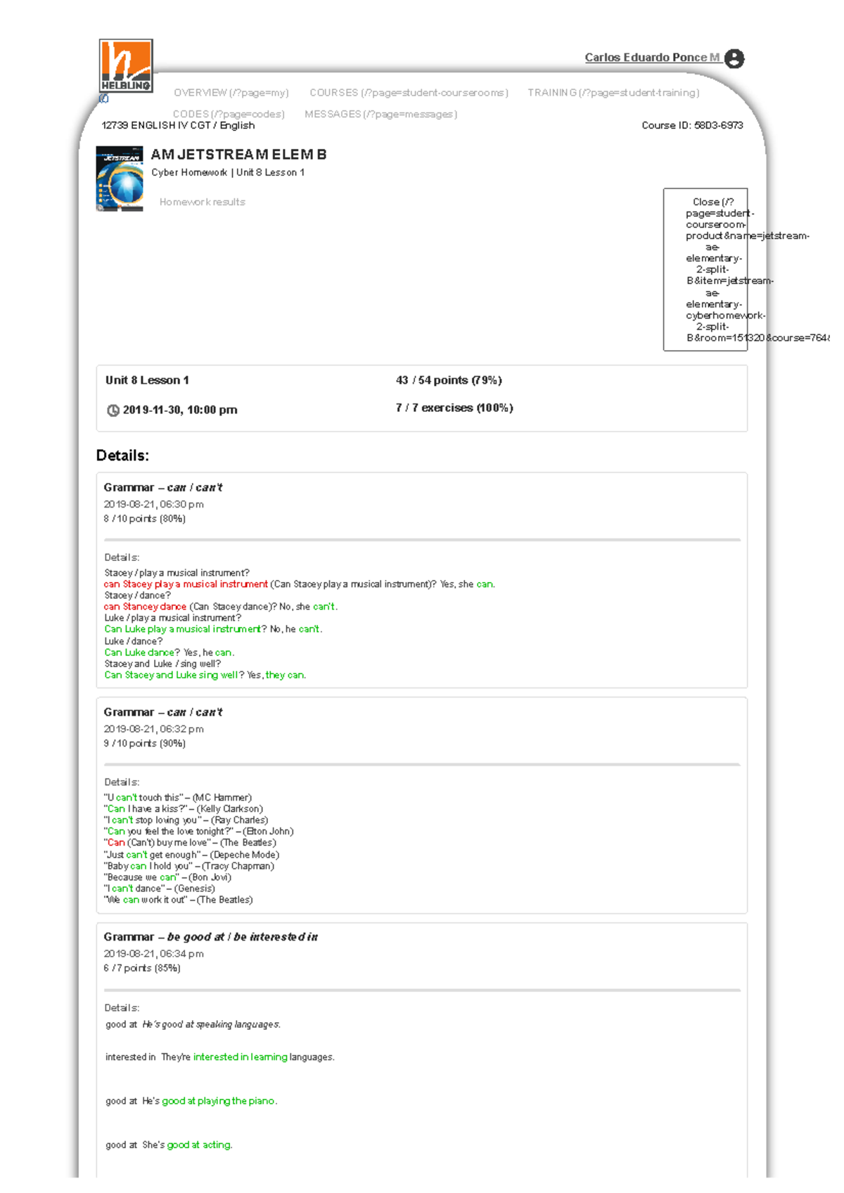 Unit 8 Lesson 01 - Homework calificado de actividades - / AM JETSTREAM ELEM B Cyber Homework ...