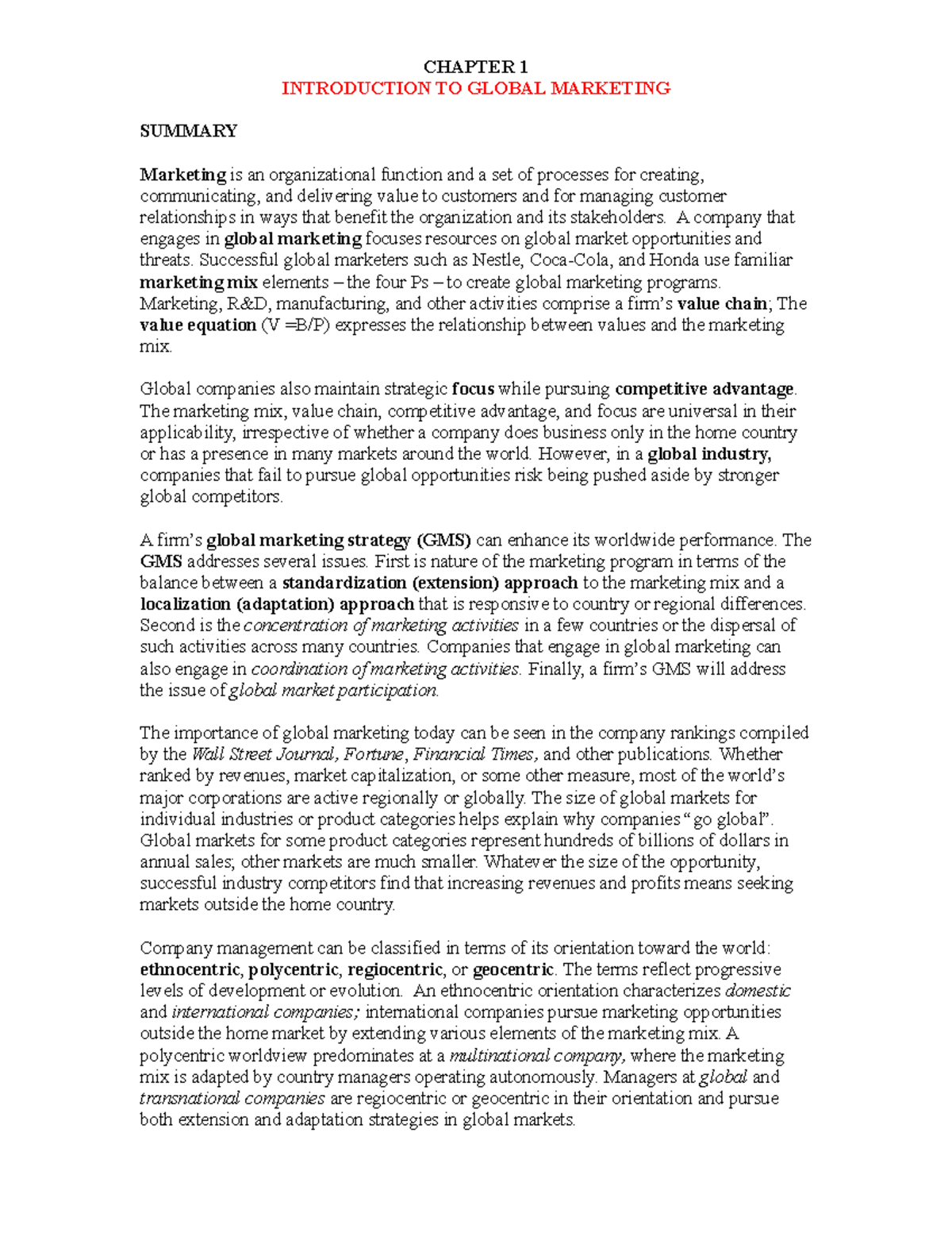 Ch01 Introduction to Global Marketing - CHAPTER 1 INTRODUCTION TO ...