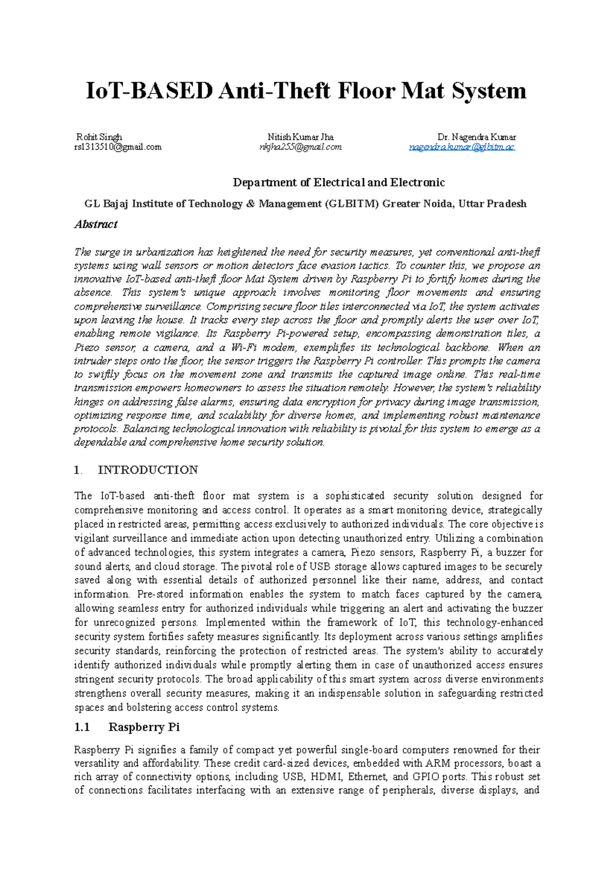 Research paper 2024 - IoT-BASED Anti-Theft Floor Mat System Rohit Singh Nitish Kumar Jha Dr ...