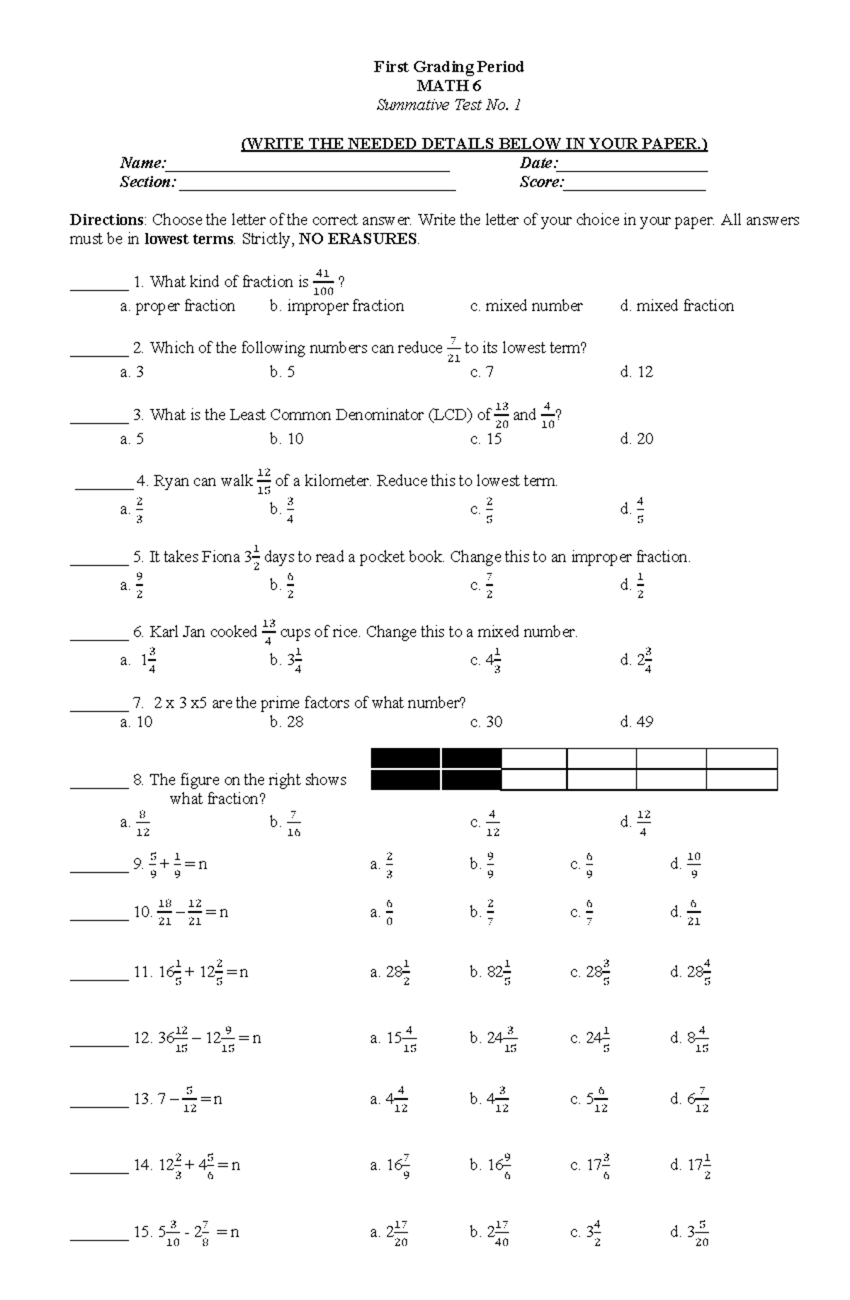 Math6 ST1 - First Grading Period MATH 6 Summative Test No. 1 (WRITE THE ...