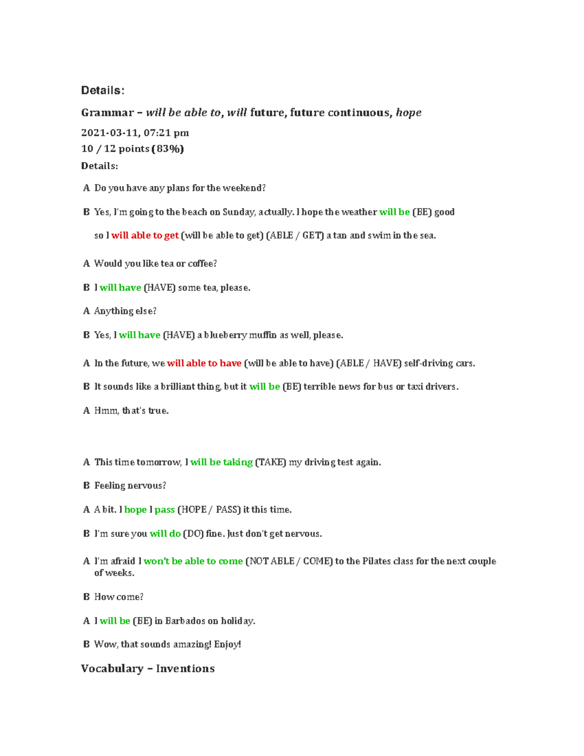 Intermediate - UNIT 7 Lesson 1 Cyb3rhom3work - Details: Grammar – will ...