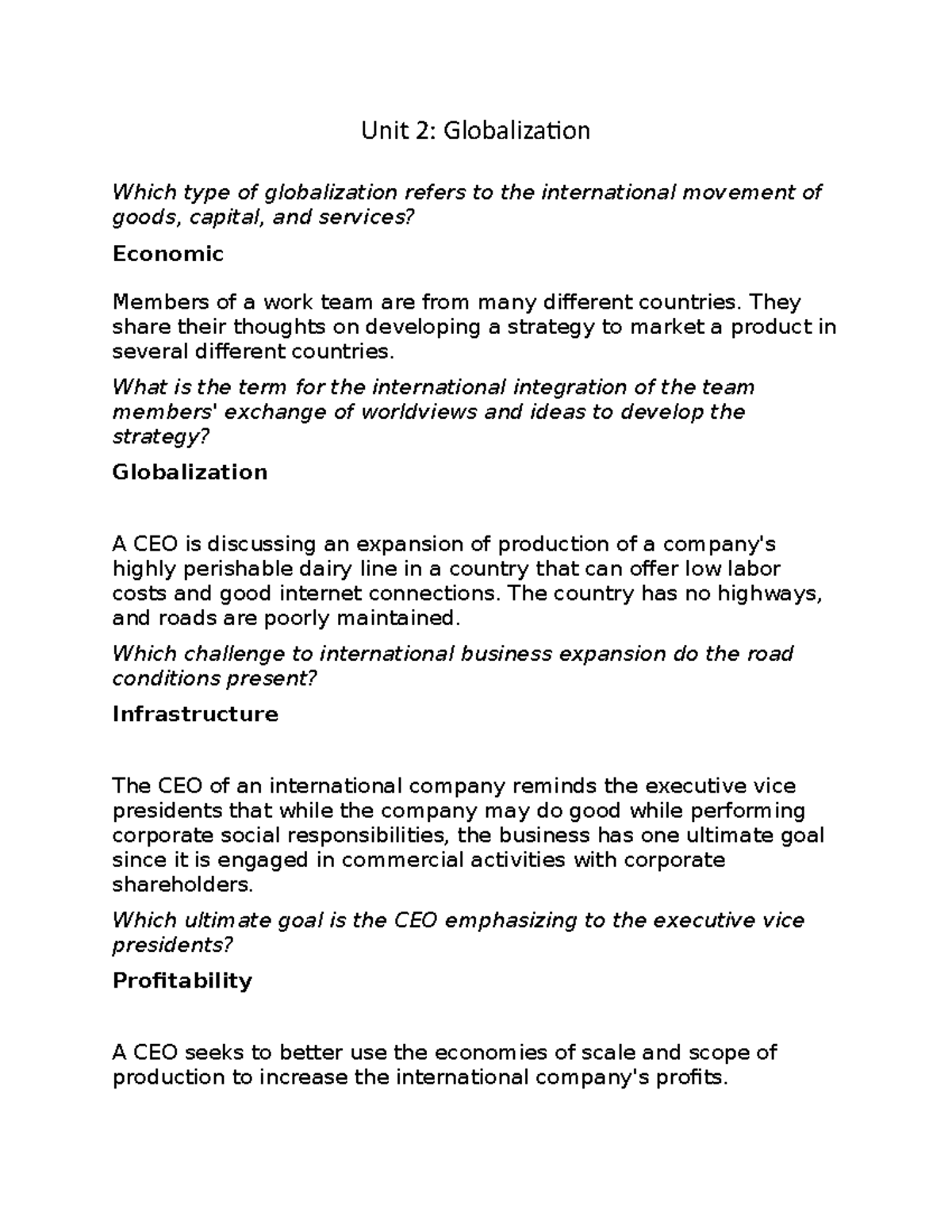 D080 - Unit 2 - D080 Unit 2 - Unit 2: Globalization Which type of ...