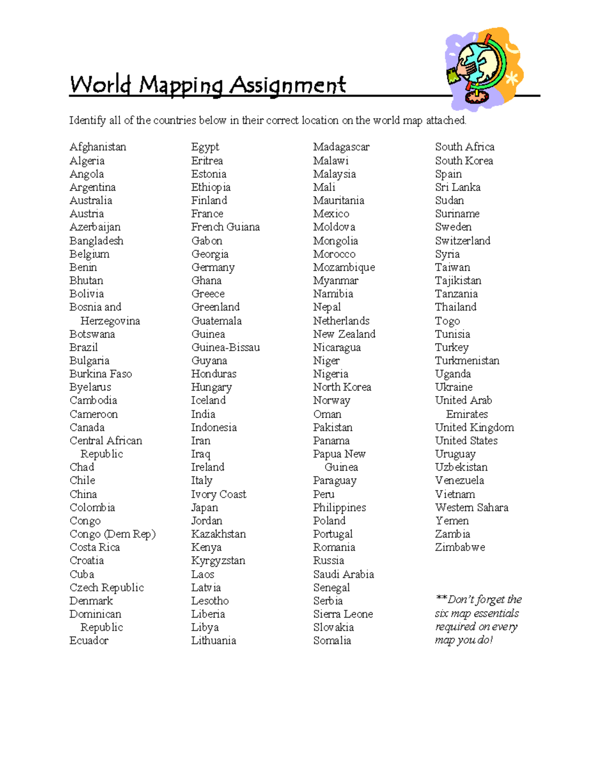 Where in the world - World Mapping Assignment Identify all of the ...