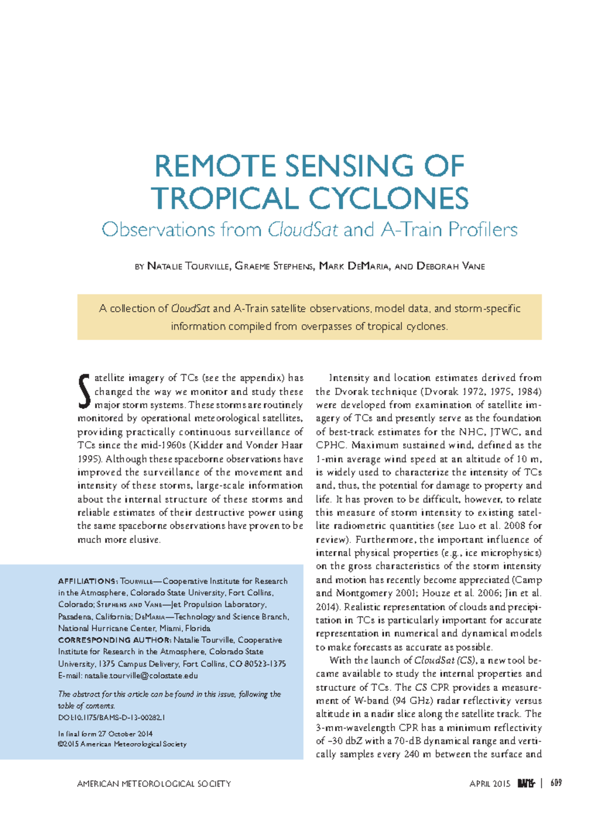 Remote Sensing of Tropical Cyclones - AFFILIATIONS: Tourville ...