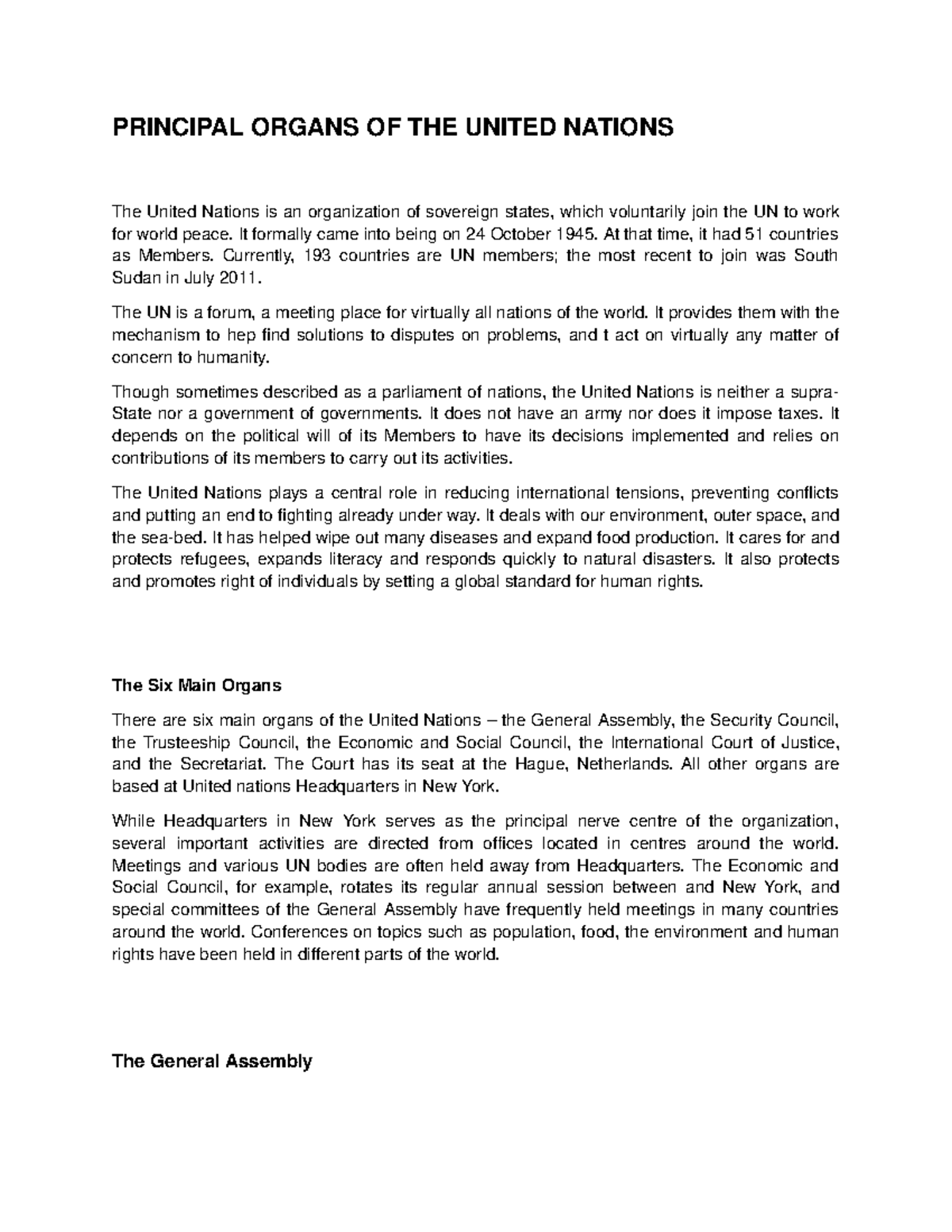 Principal Organs OF THE United Nations - PRINCIPAL ORGANS OF THE UNITED ...