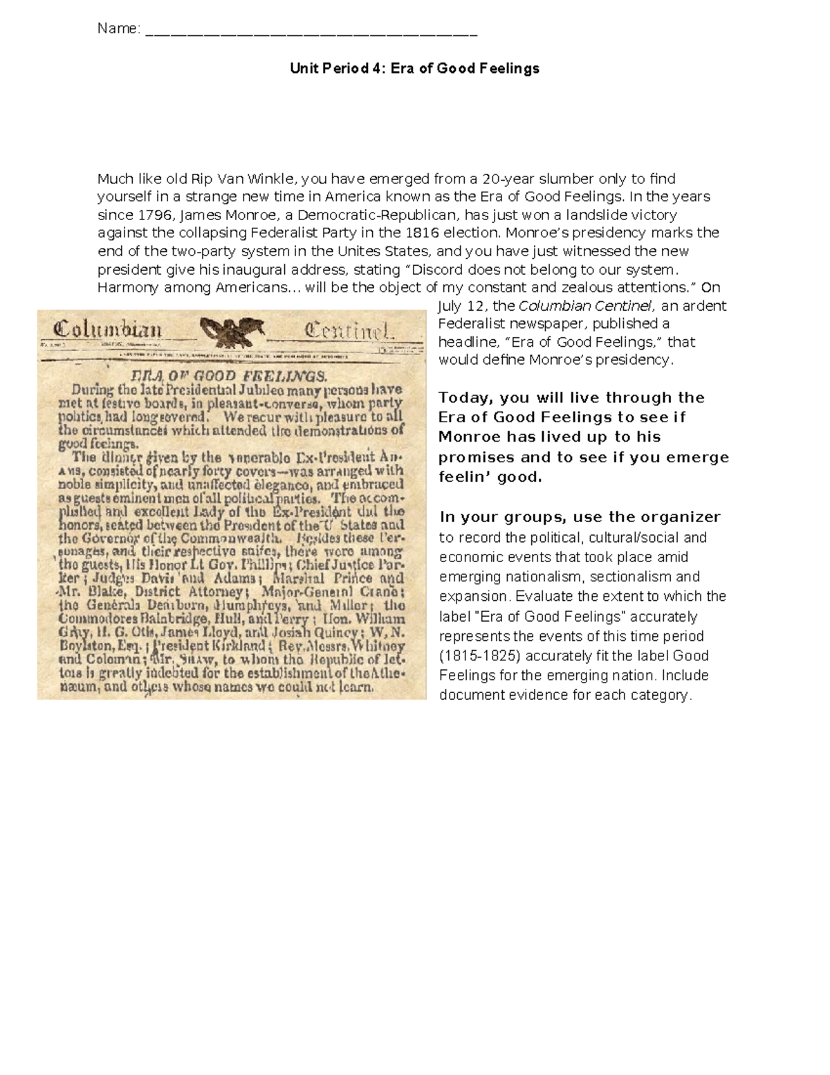 Era of Good Feelings Handout - Copy copy - Unit Period 4: Era of Good ...
