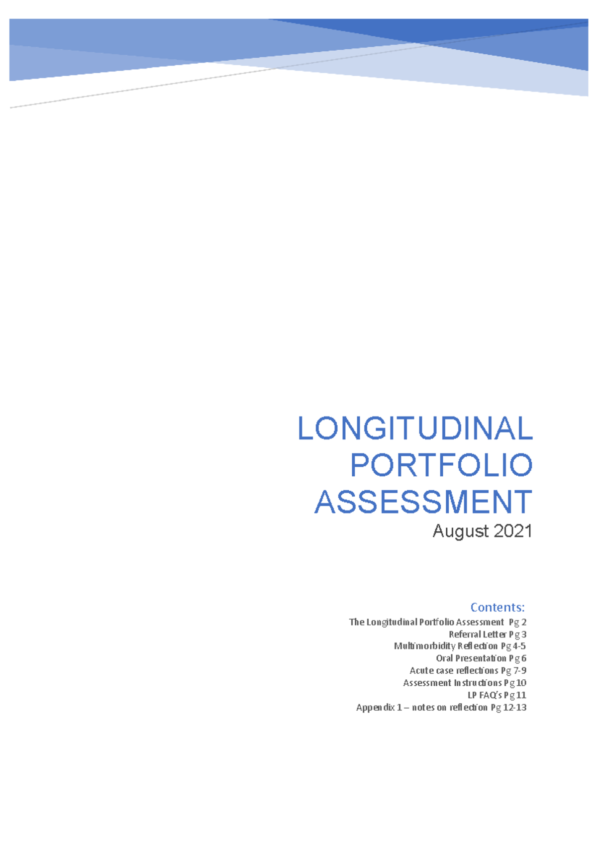 LP Assessment Guide updated doc - LONGITUDINAL PORTFOLIO ASSESSMENT August 2021 Contents: The ...