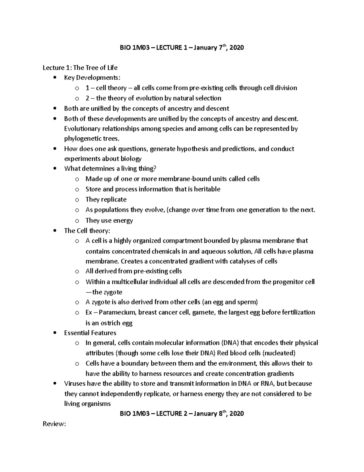 Lecture 2 Notes - BIO 1M03 - BIO 1M03 – LECTURE 1 – January 7th, 2020 ...