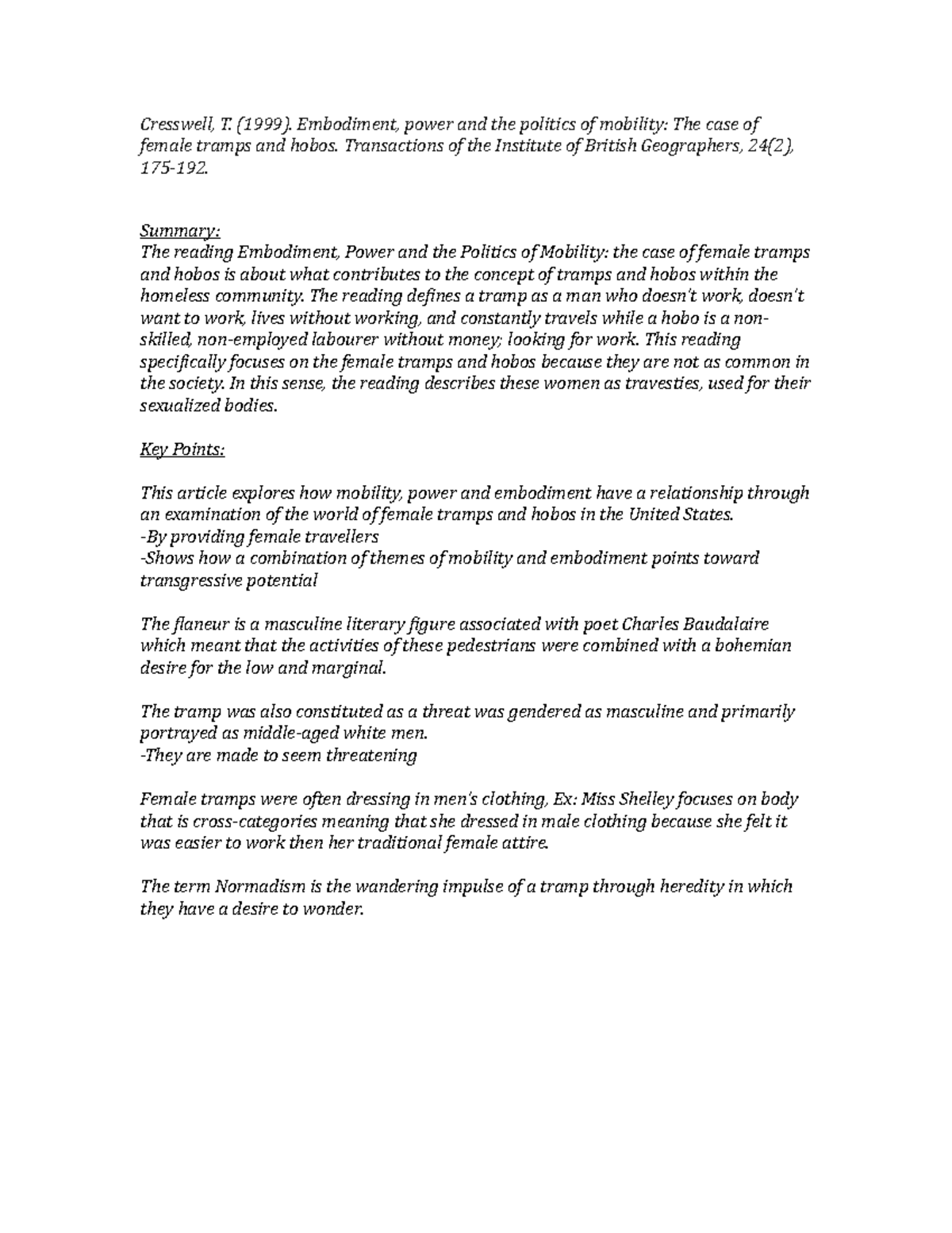 Embodiment, power, and politics of mobility - Cresswell, T. (1999 ...