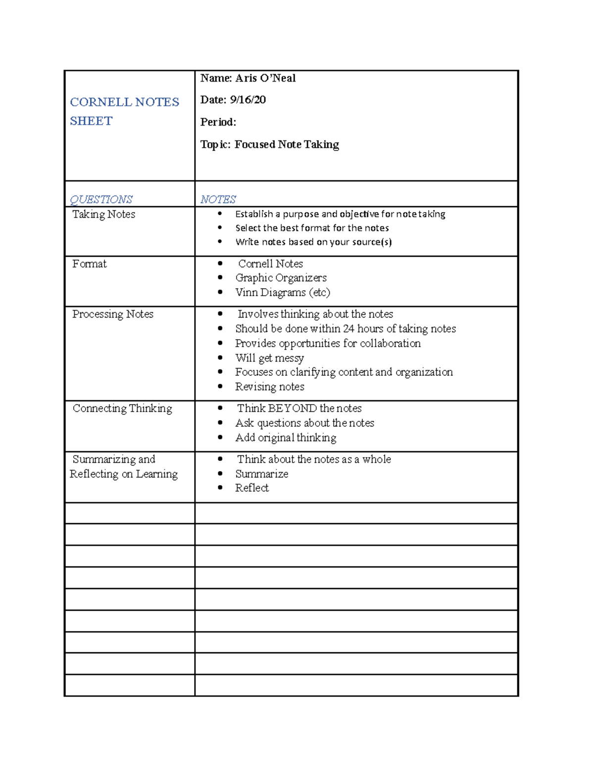 Focused Note Taking Notes - CORNELL NOTES SHEET Name: Aris O’Neal Date ...