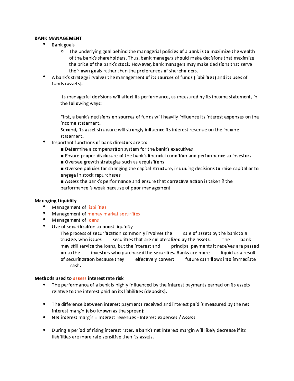 Bank Management and Performance - BANK MANAGEMENT Bank goals o The ...