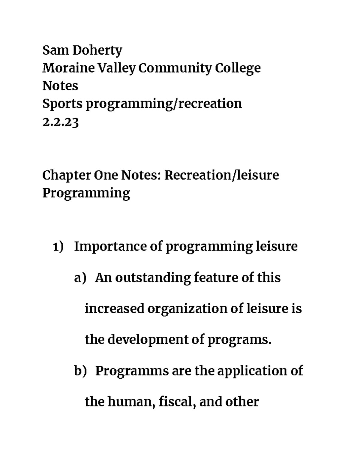 REc leisure - Notes - Sam Doherty Moraine Valley Community College ...