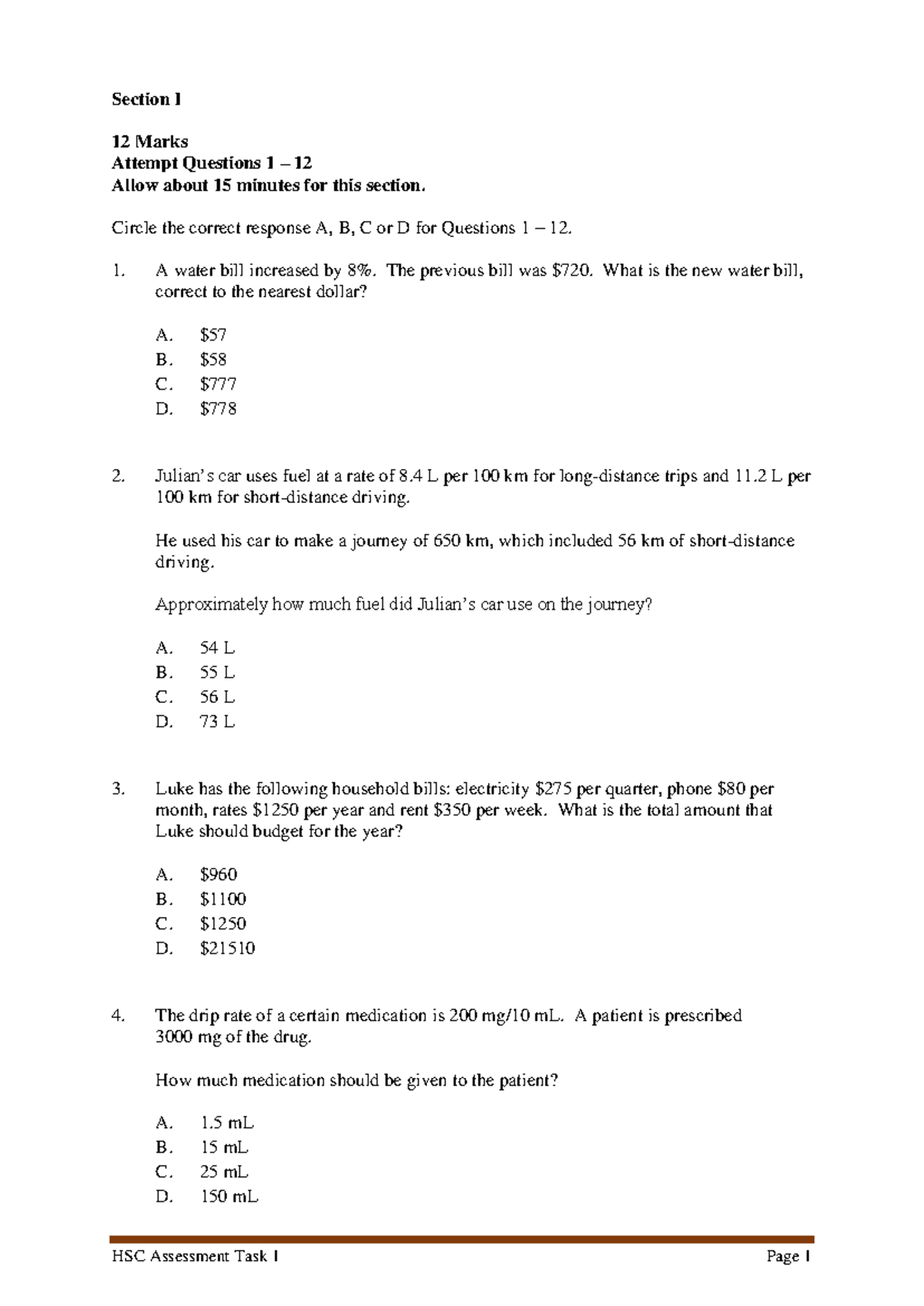 Practice Paper 3 - Year 12 standard maths task 1 test (rates and ratios ...