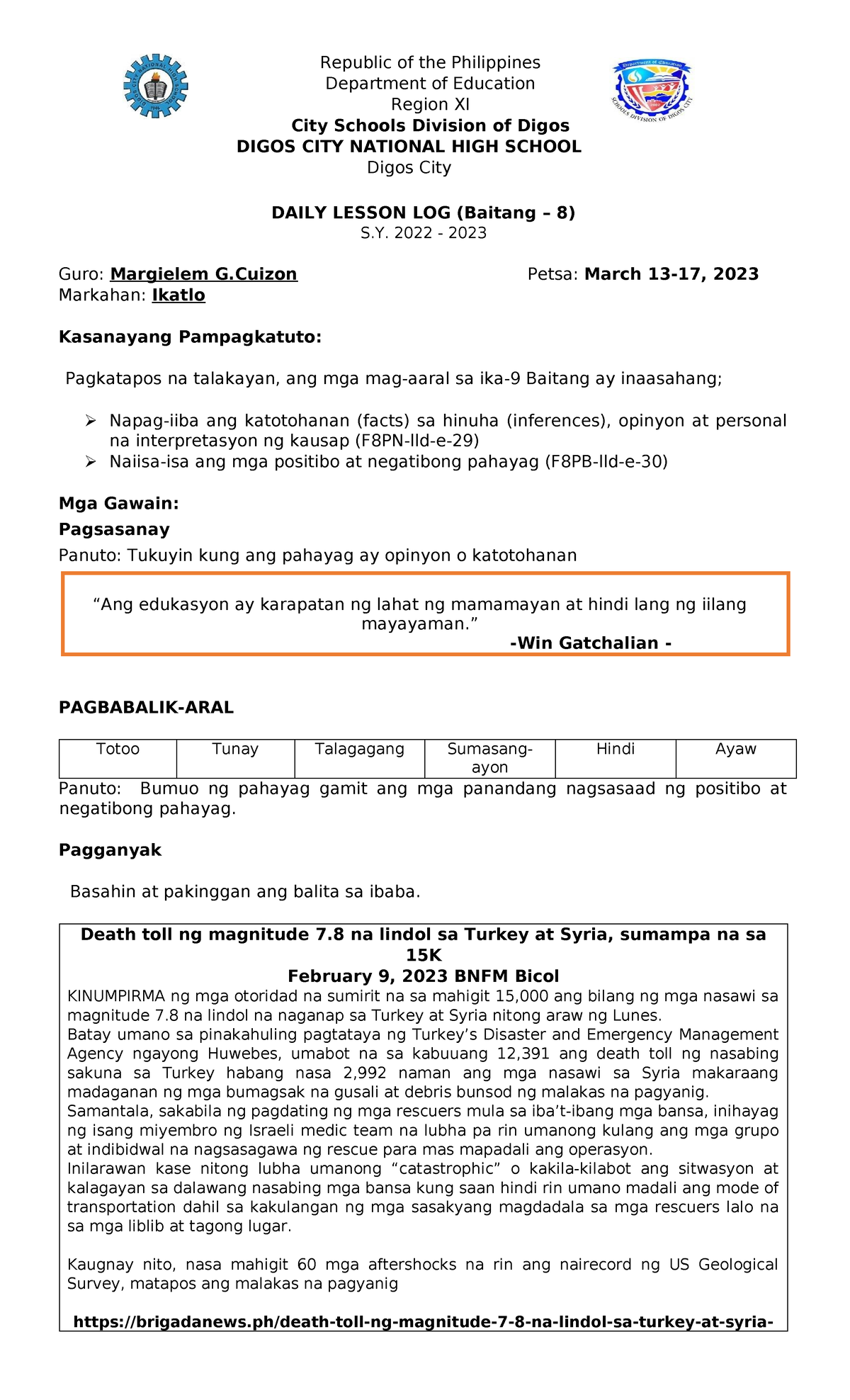 DLL-Q3- Filipino-8- Katotohananhinuha- Republic of the Philippines Department of Education ...
