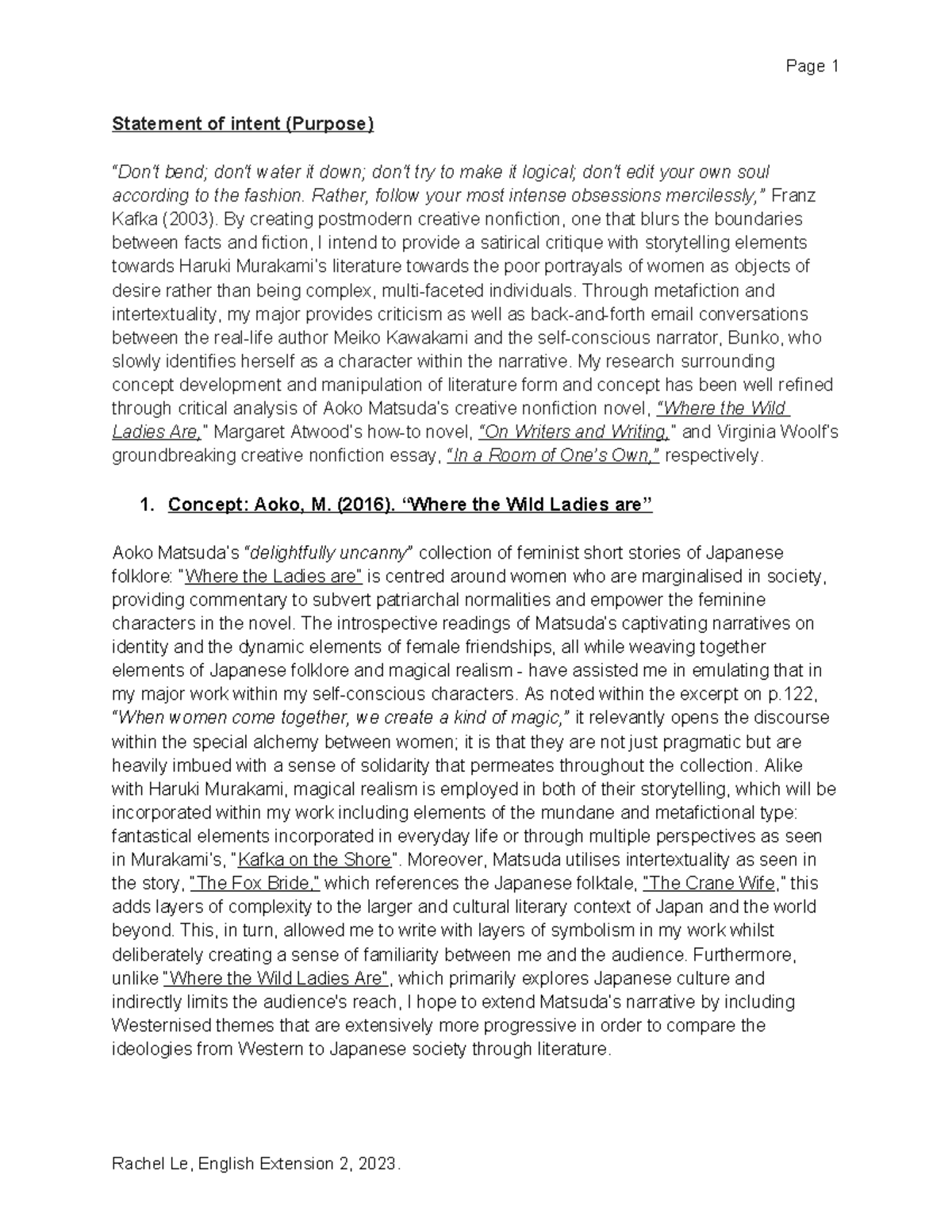 Rachel le - english extension 2 - Statement of intent (Purpose) “Don't ...