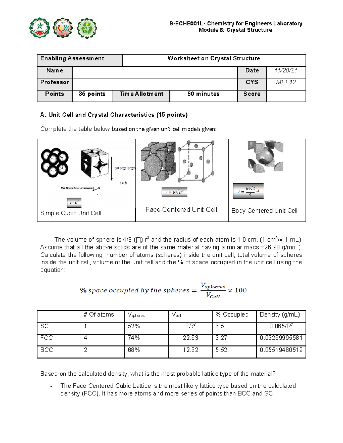 S-ECHE001LA (Crystal Structure) - S-ECHE001L- Chemistry for Engineers ...