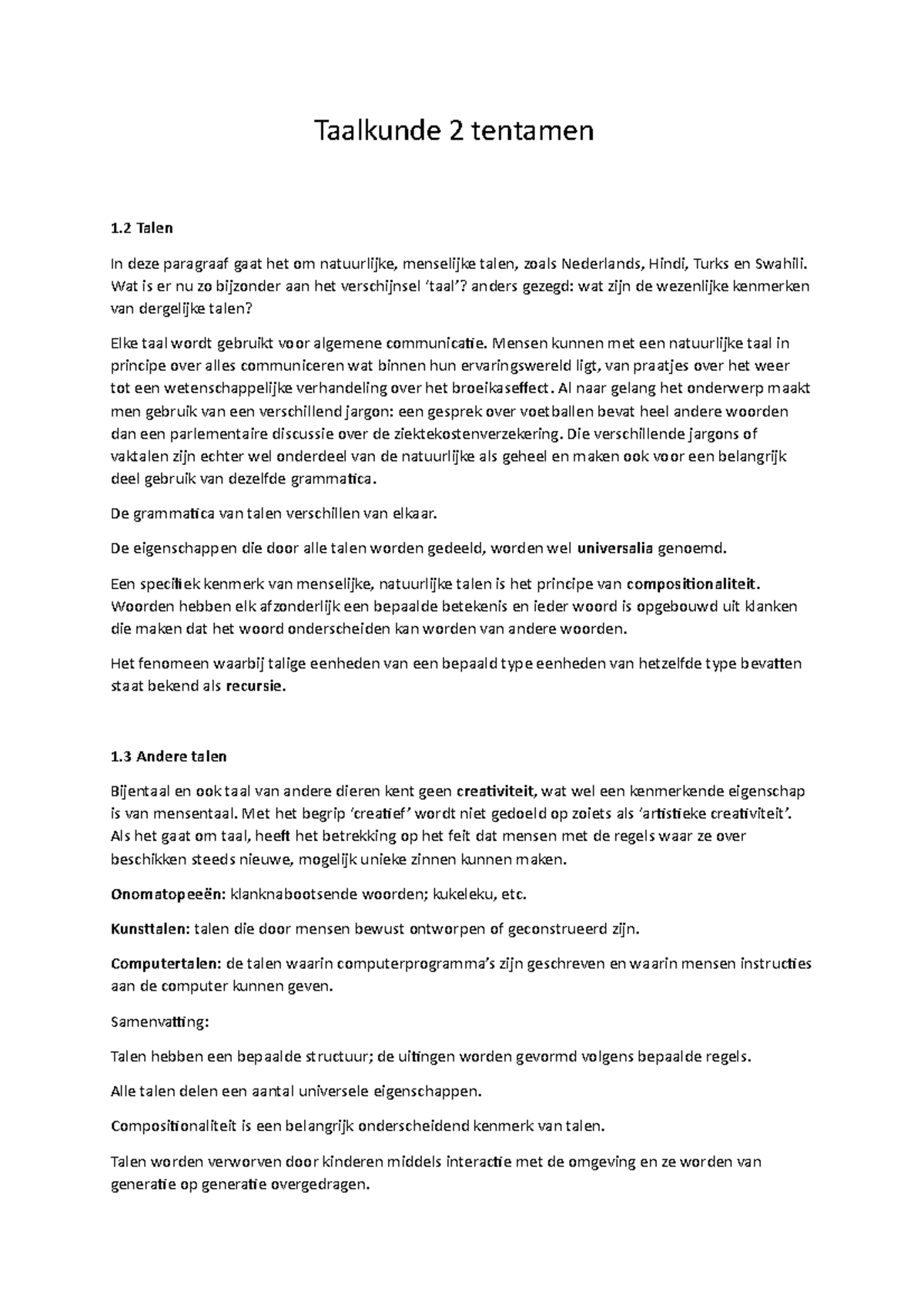 Taalkunde 2 tentamenstof - Taalkunde 2 tentamen 1 Talen In deze ...