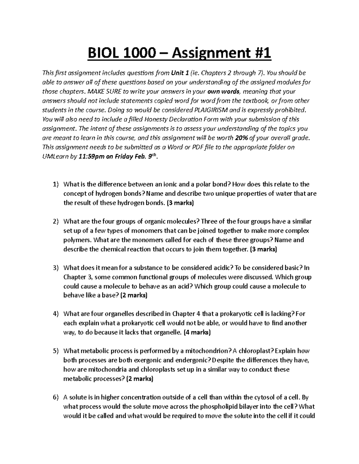 BIOL 1000 - Assignment 1 - BIOL 1000 – Assignment This first assignment ...