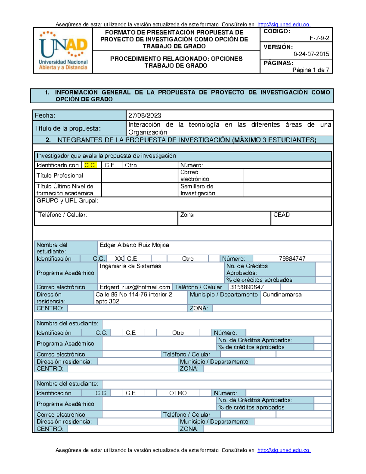 Formato tipo 2 - formado - FORMATO DE PRESENTACIÓN PROPUESTA DE ...