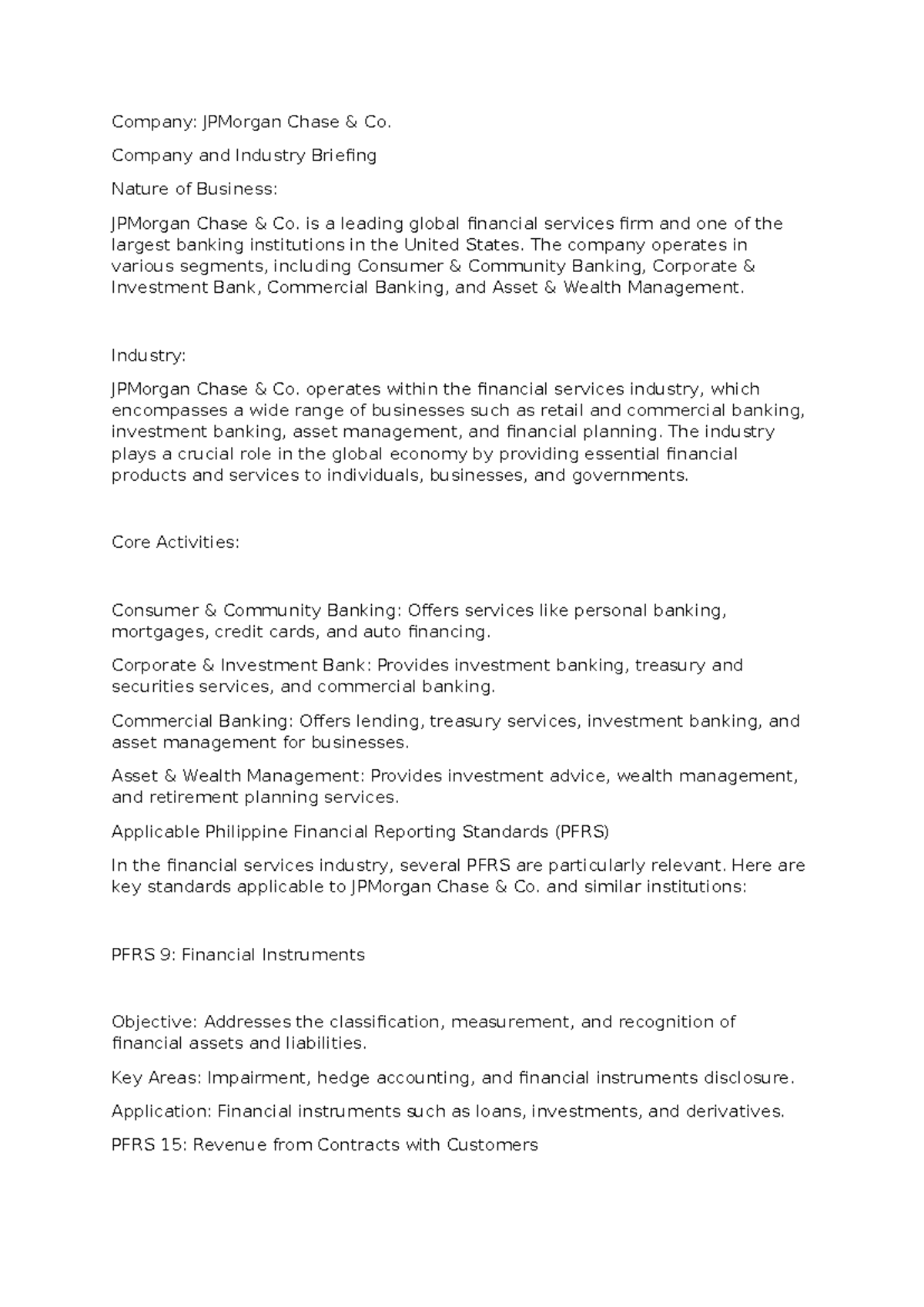 Specialised Industry - Financial Services - Company: JPMorgan Chase ...