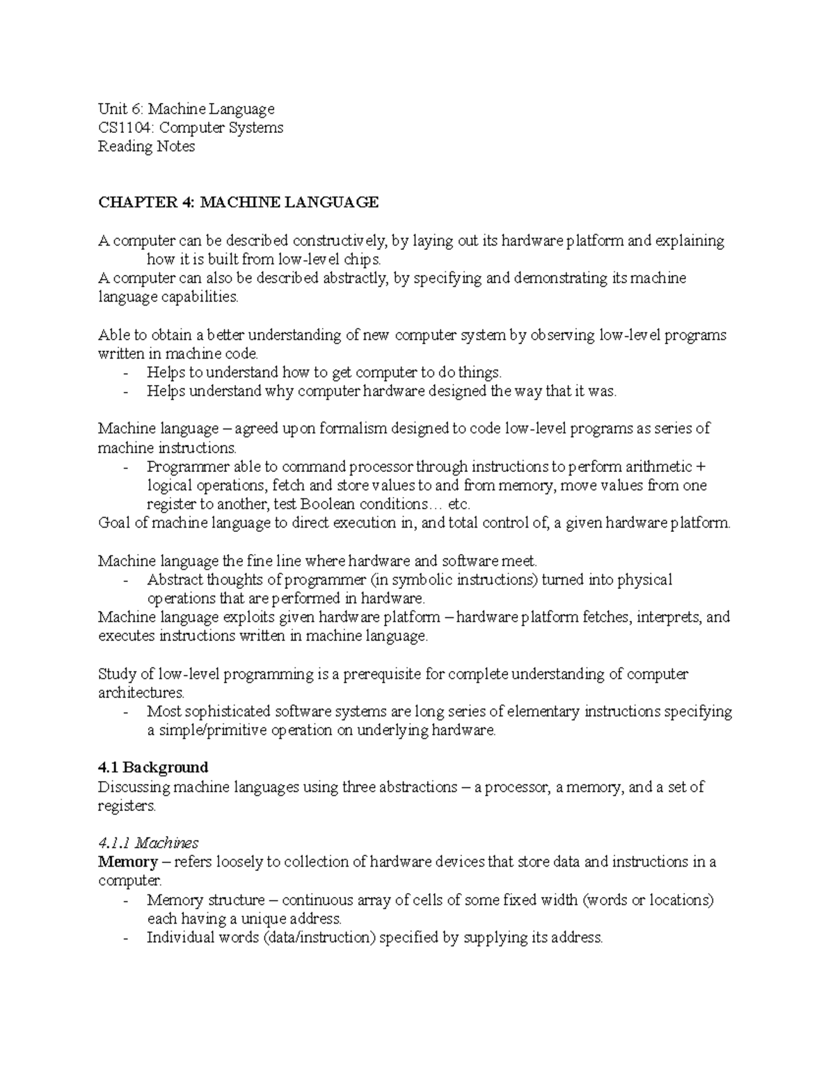 Unit 6 - Reading Notes - Unit 6: Machine Language CS1104: Computer ...