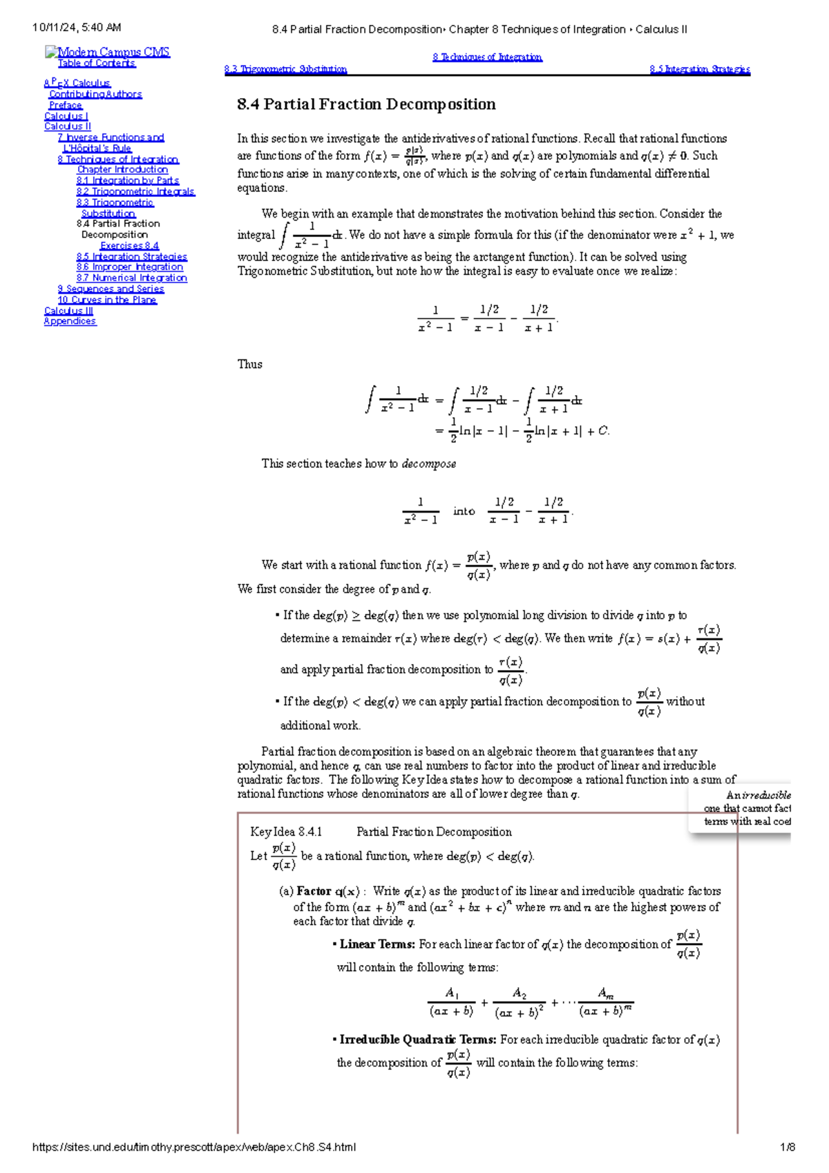 8.4 Partial Fraction Decomposition‣ Chapter 8 Techniques of Integration ...