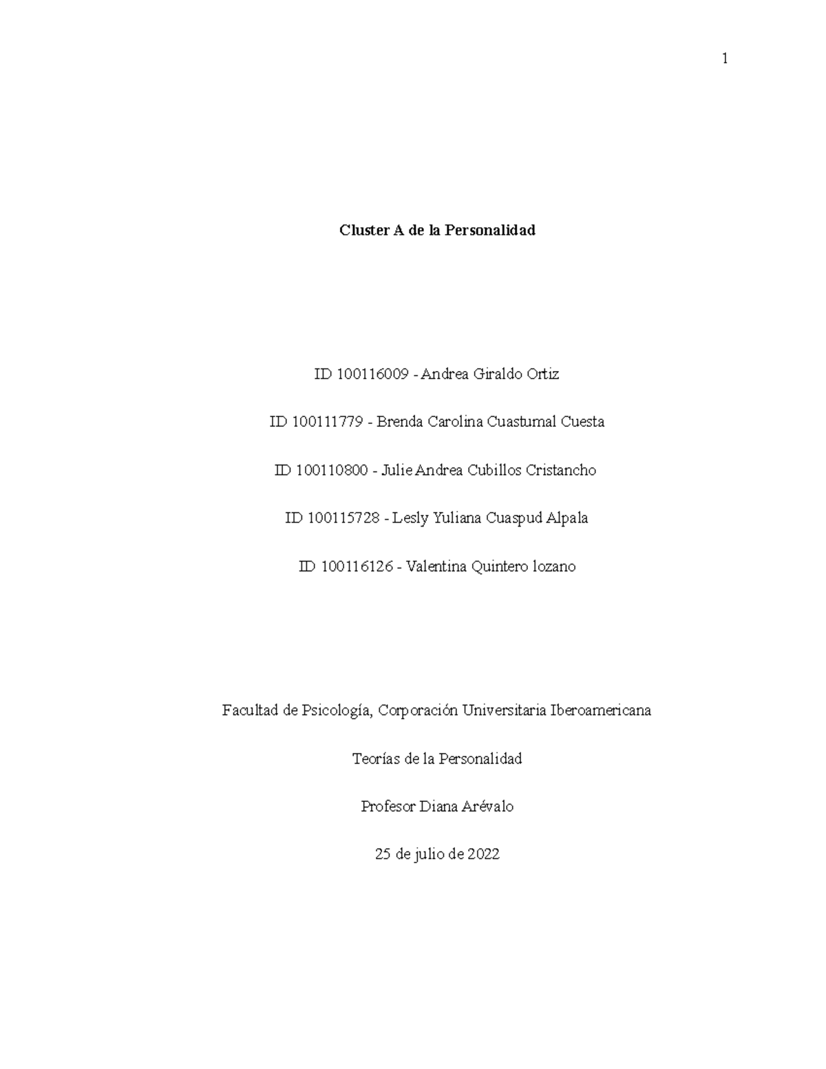 Cluster A - Llll - Cluster A de la Personalidad ID 100116009 - Andrea Giraldo Ortiz ID 100111779 ...