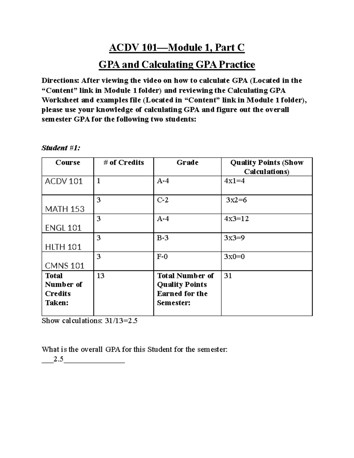 ACDV 101 Module 1 Discussion GPA Calculatoin Worksheet - ACDV 101—Module 1, Part C GPA and - Studocu