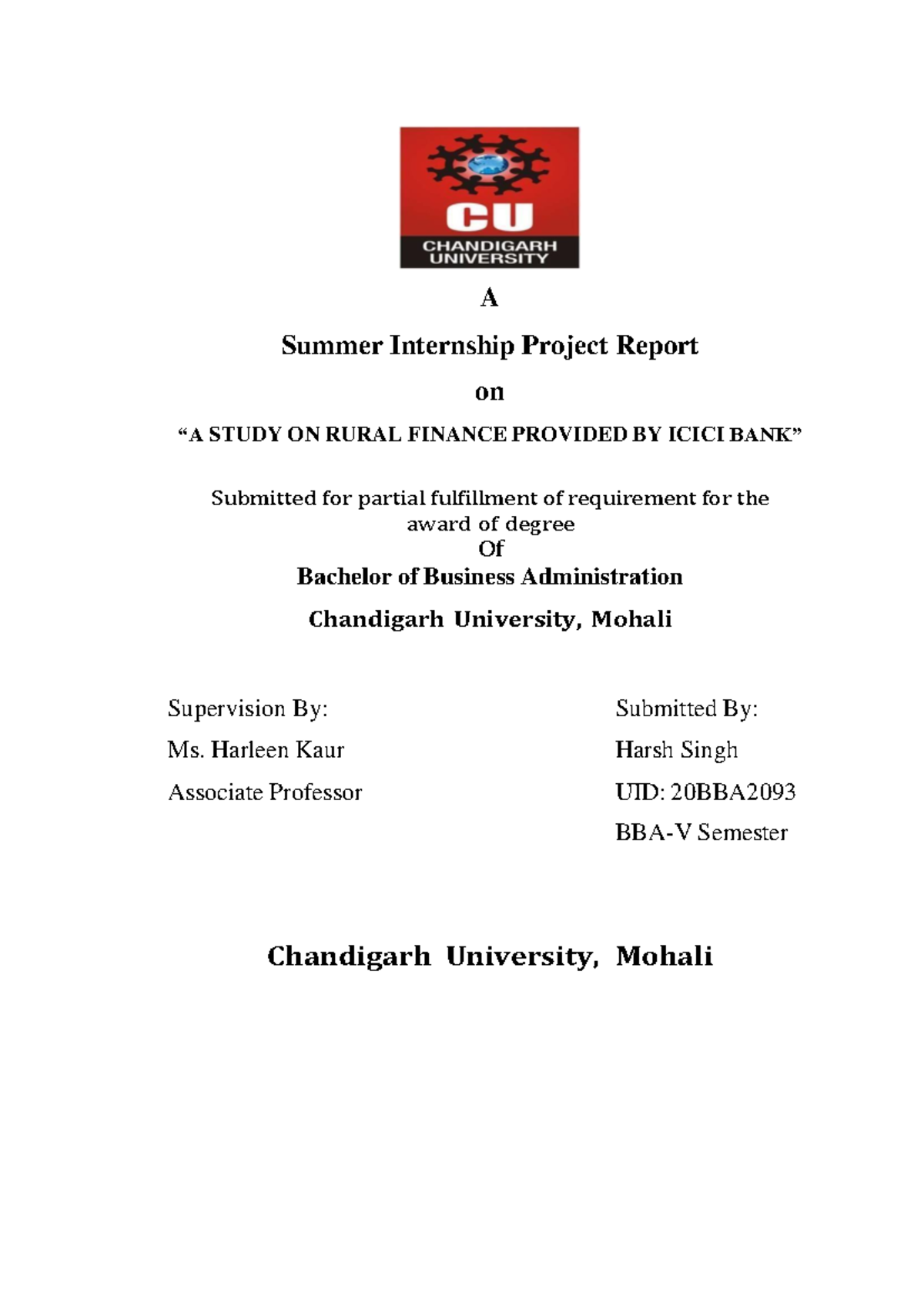 Harsh Singh (20BBA2093) SIP Report Final For Printout - A Summer Internship Project Report on “A ...