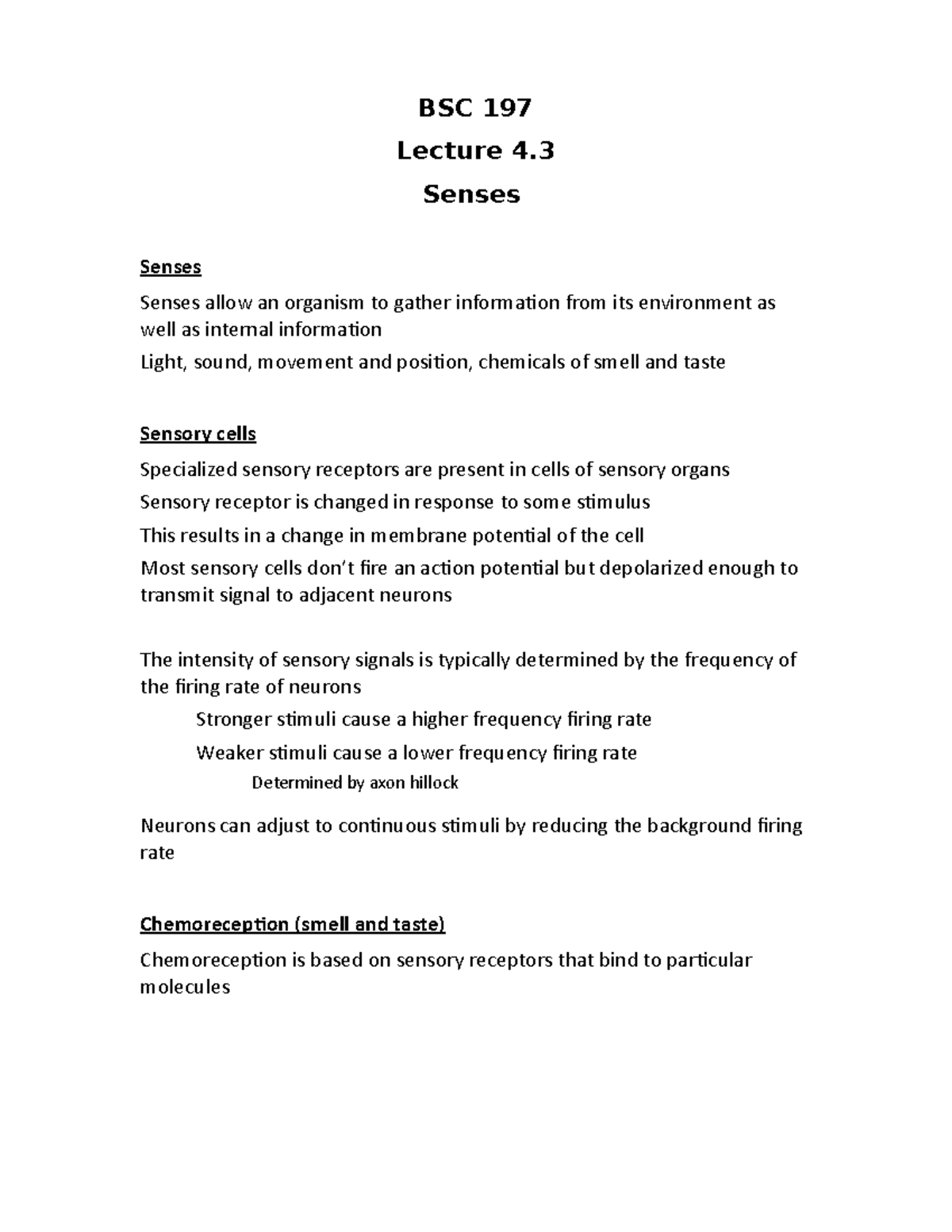 4.3 Senses - Lecture notes for BSC 197 with Wade Nichols - BSC 197 ...