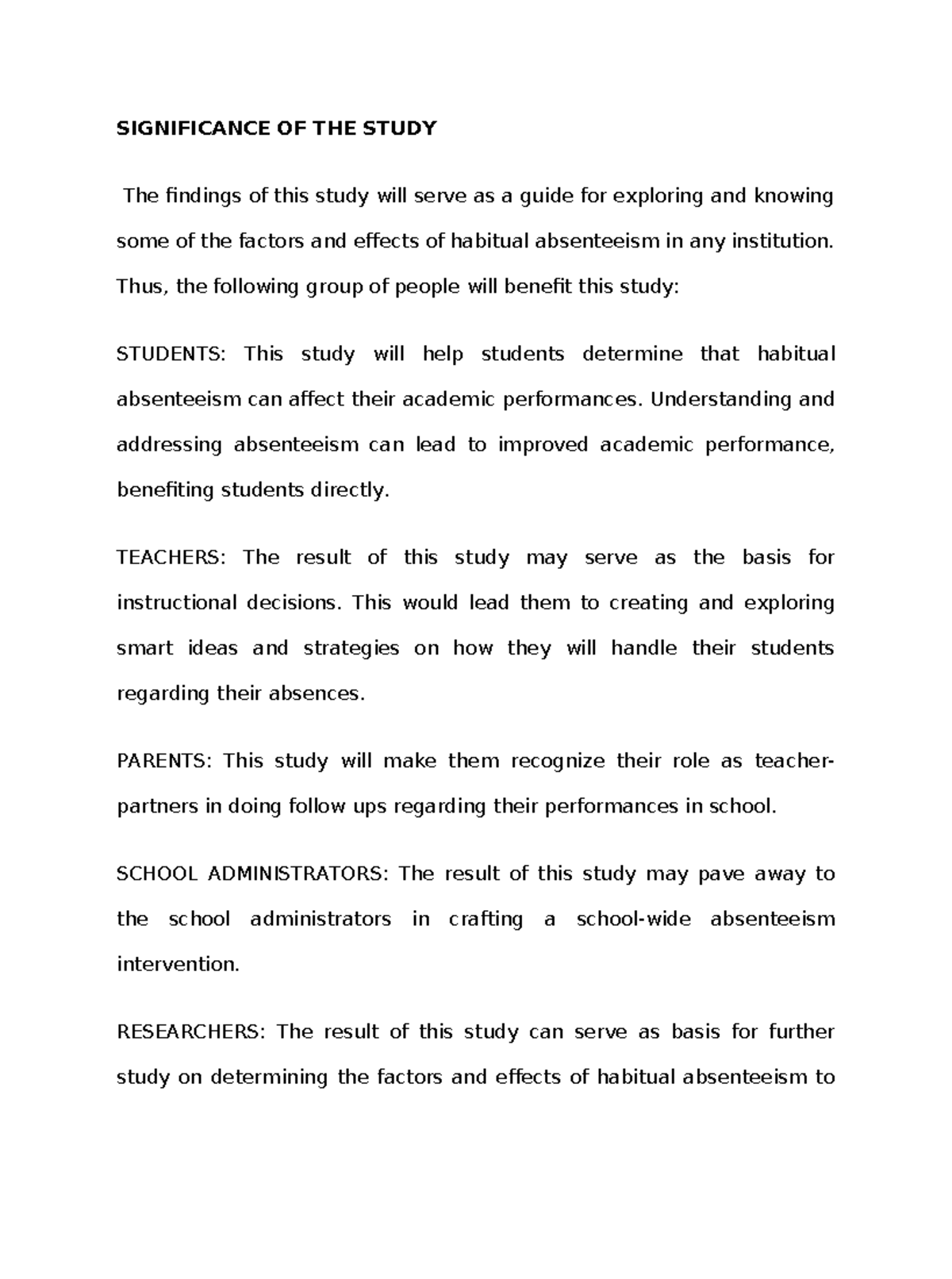 Significance OF THE Study - SIGNIFICANCE OF THE STUDY The findings of ...