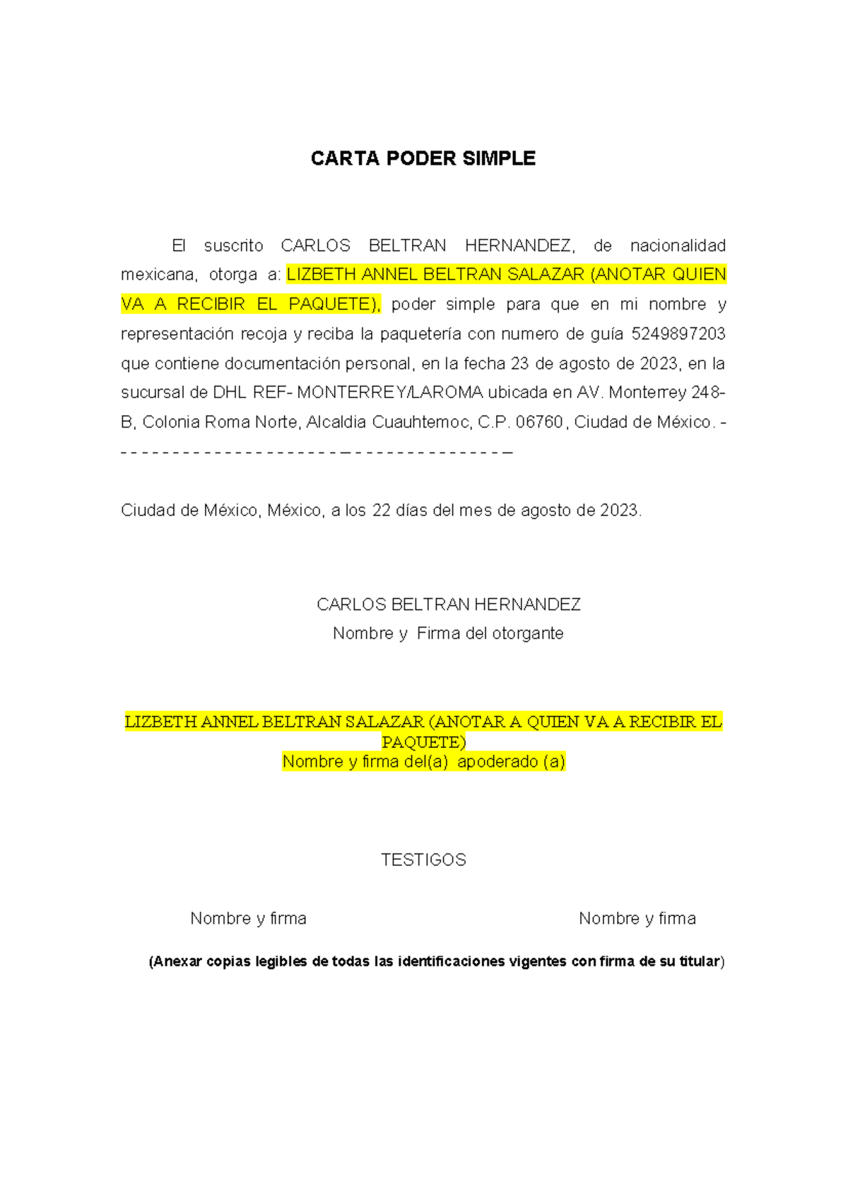 Modelo De Carta Poder Simple En Formato Word Y Pdf Descargar E Images