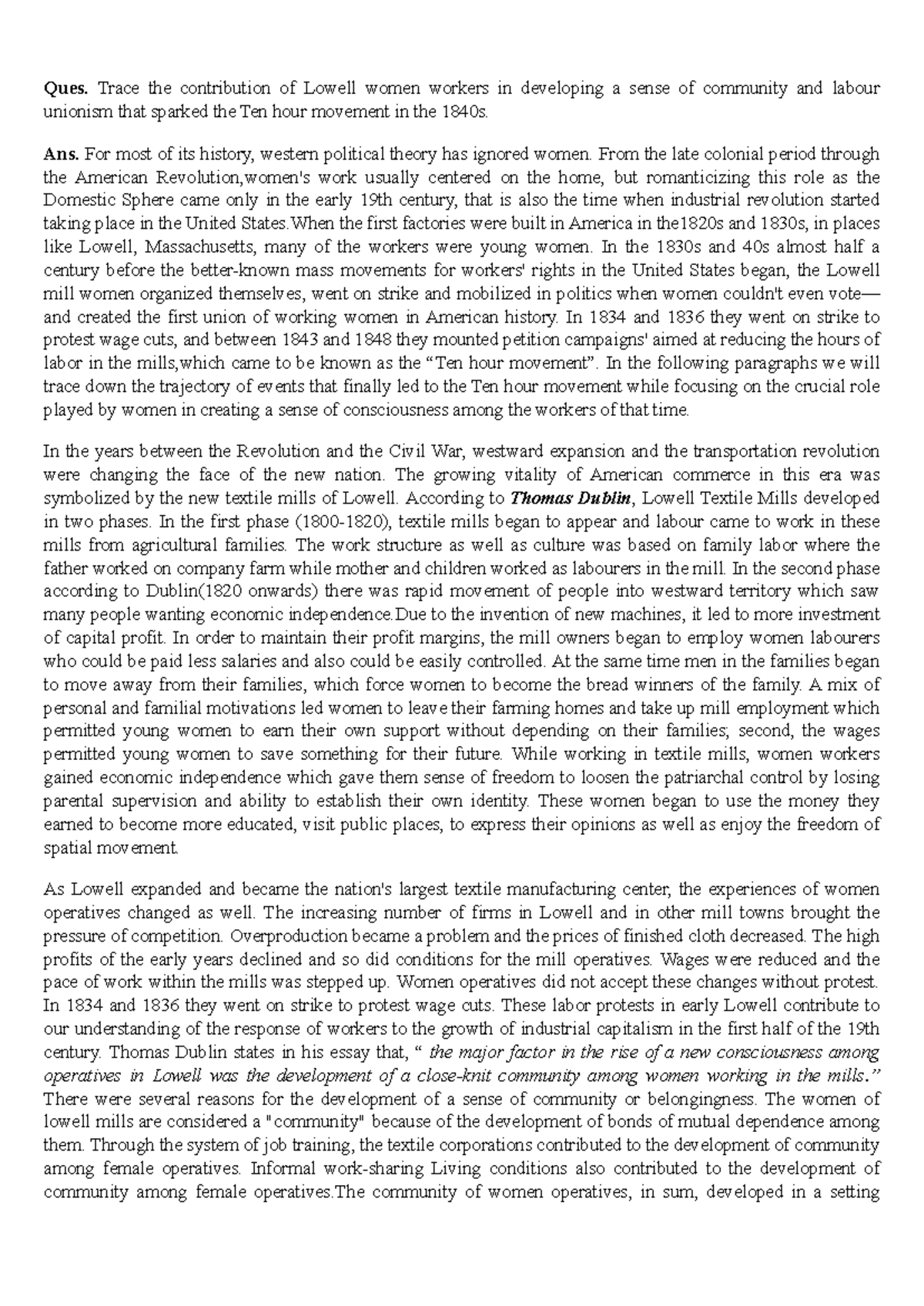 Lowell - Summary Ba Honours History - Ques. Trace the contribution of ...