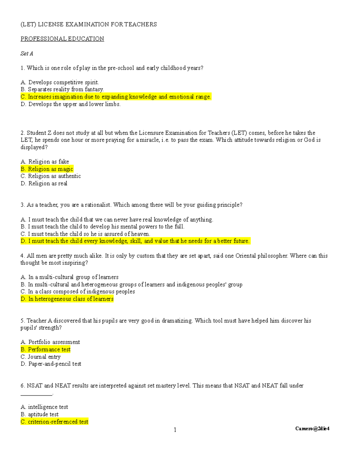 A- Professionaleducationset - (LET) LICENSE EXAMINATION FOR TEACHERS ...