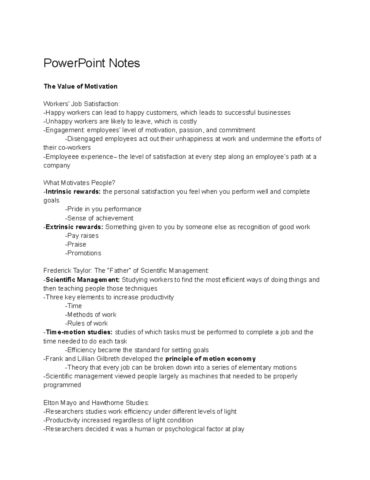 Ch 10 Notes - PowerPoint Notes The Value of Motivation Workers’ Job ...