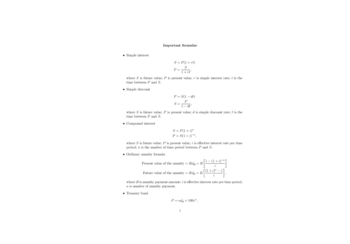 Formular - fdfsd - Important formulae Simple interest S = P (1 + rt) P ...