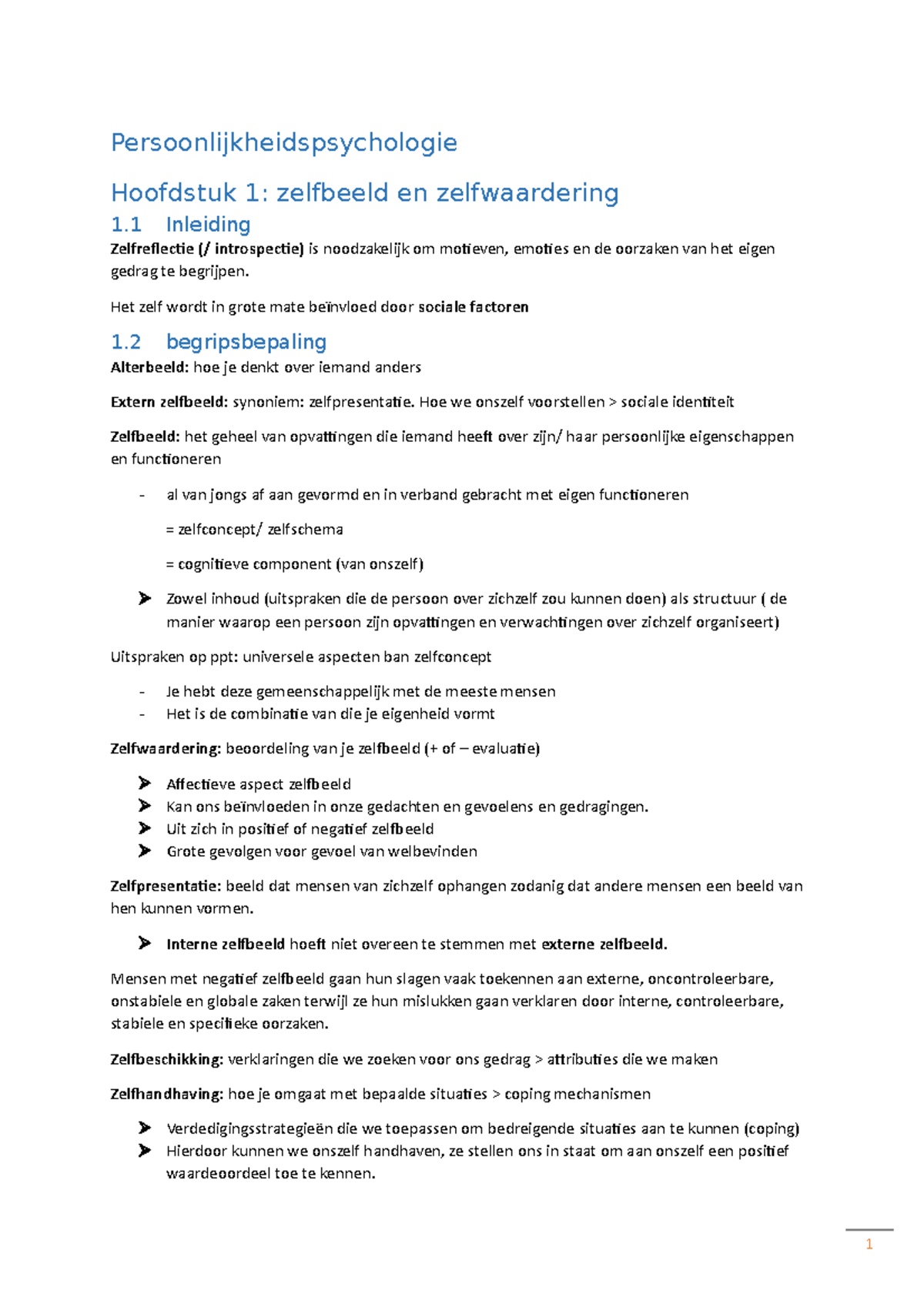 Persoonlijkheidspsychologie - 1: zelfbeeld en introspectie) is ...