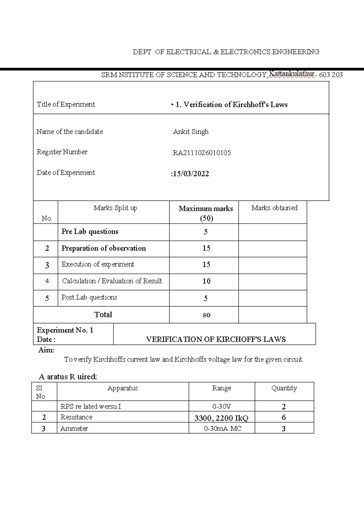 BEEE Practical - GOOD NOTES. - DEPT. OF ELECTRICAL & ELECTRONICS ...