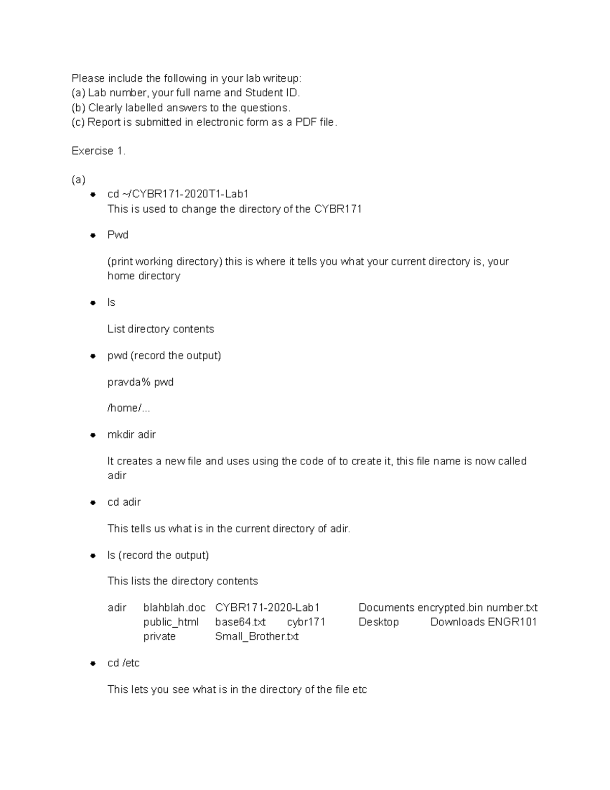 CYBR171 Lab 1 . - Please include the following in your lab writeup: (a ...