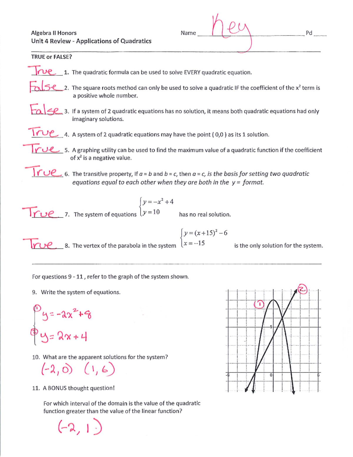 A2H+U4+Review+Key - Unit 4 review key - Algebra II Honors Name Unit 4 ...
