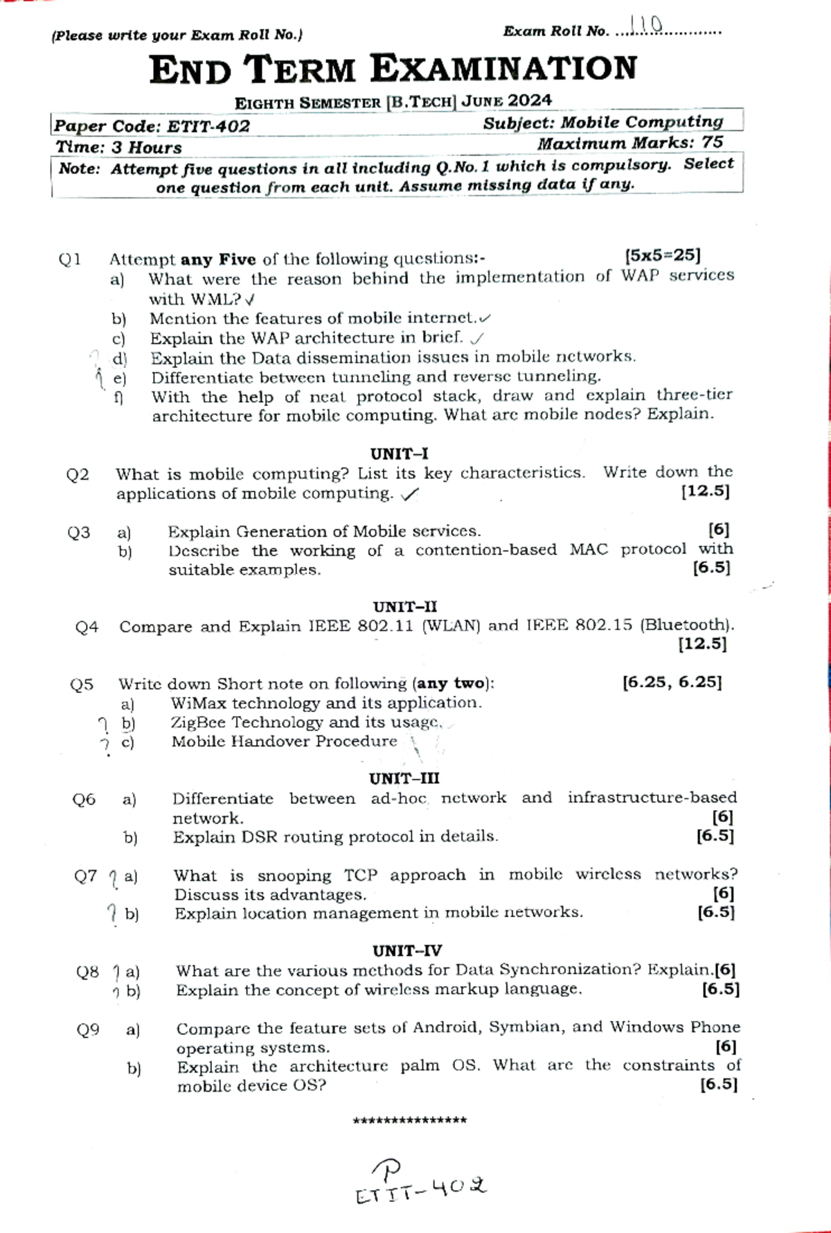 Mobile Computing 2024 End Semester Question Paper - (Please write your Exam Roll No.) Paper Code ...