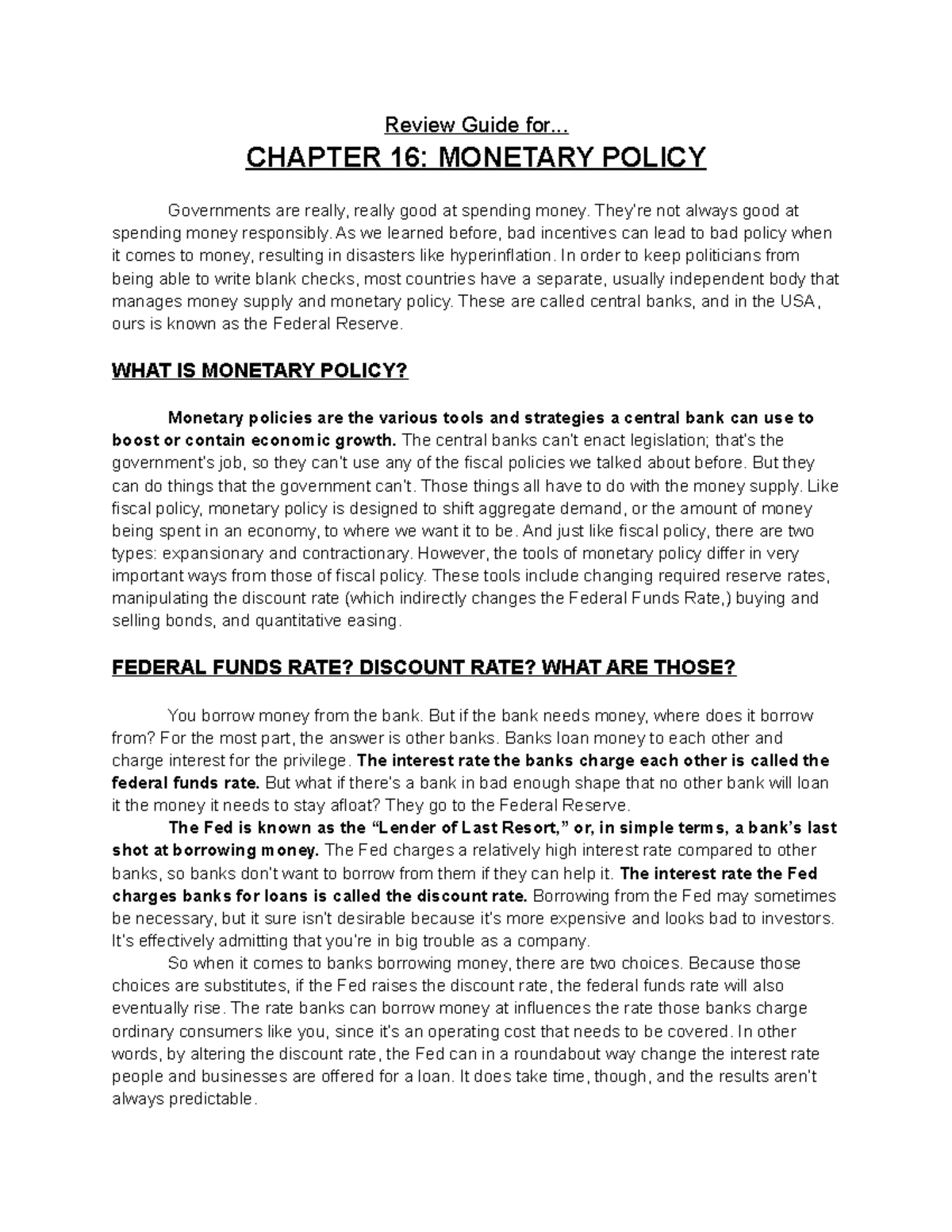 Review Guide for Chapter 16- Monetary Policy - Review Guide for ...